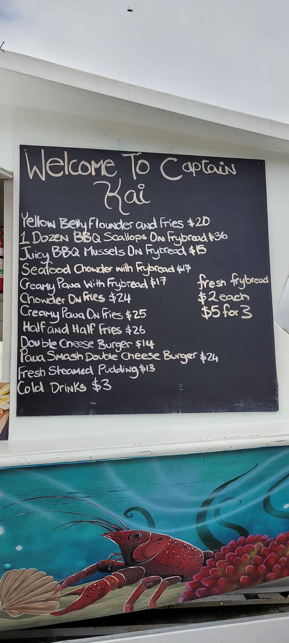 Menu at Captain Kai Moana restaurant, Auckland