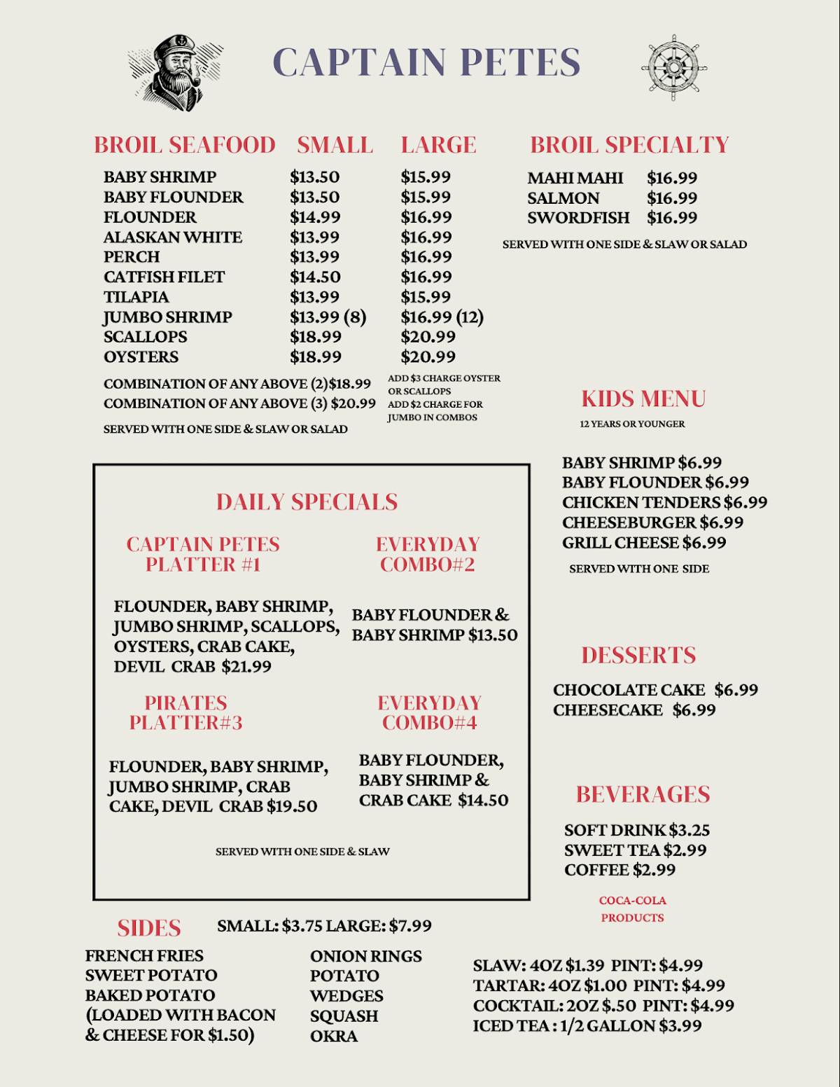 Menu at Captain Pete's restaurant, Lincolnton