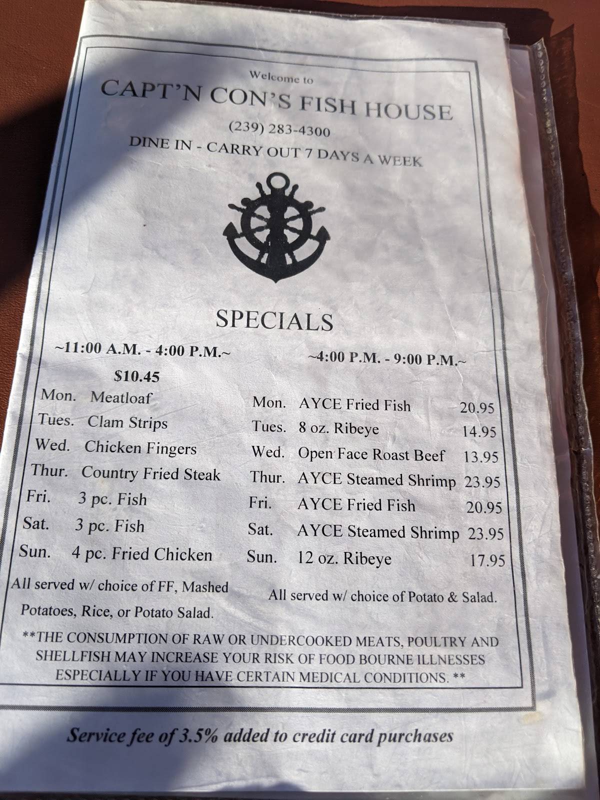 Menu at Capt'n Con's Fish House restaurant, Bokeelia