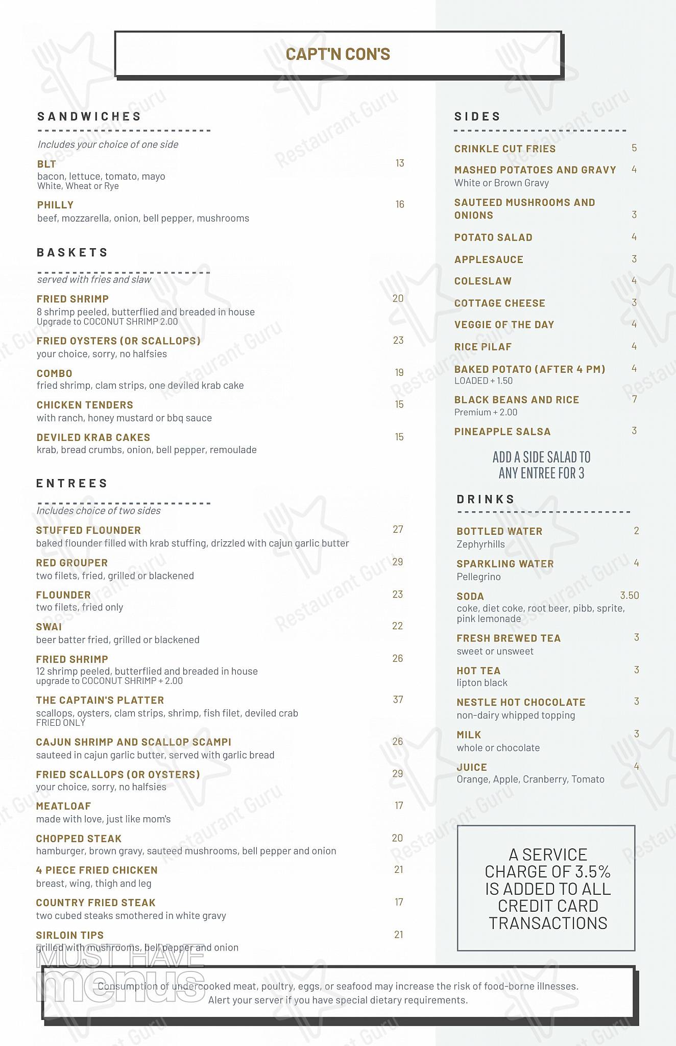 Menu at Capt'n Con's Fish House restaurant, Bokeelia