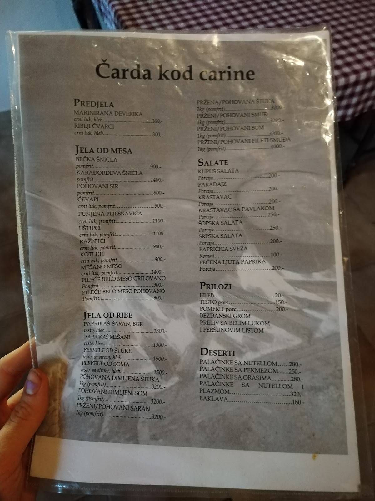 Menu at Čarda Kod Carine restaurant, Bezdan