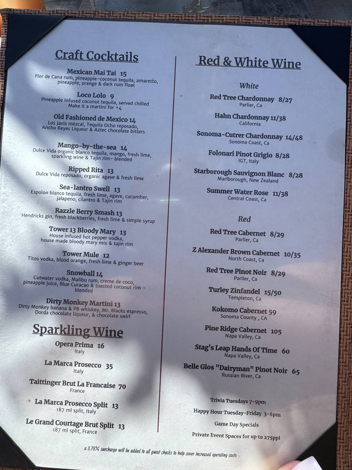Menu at Cardiff Beach Bar @ Tower 13, Encinitas