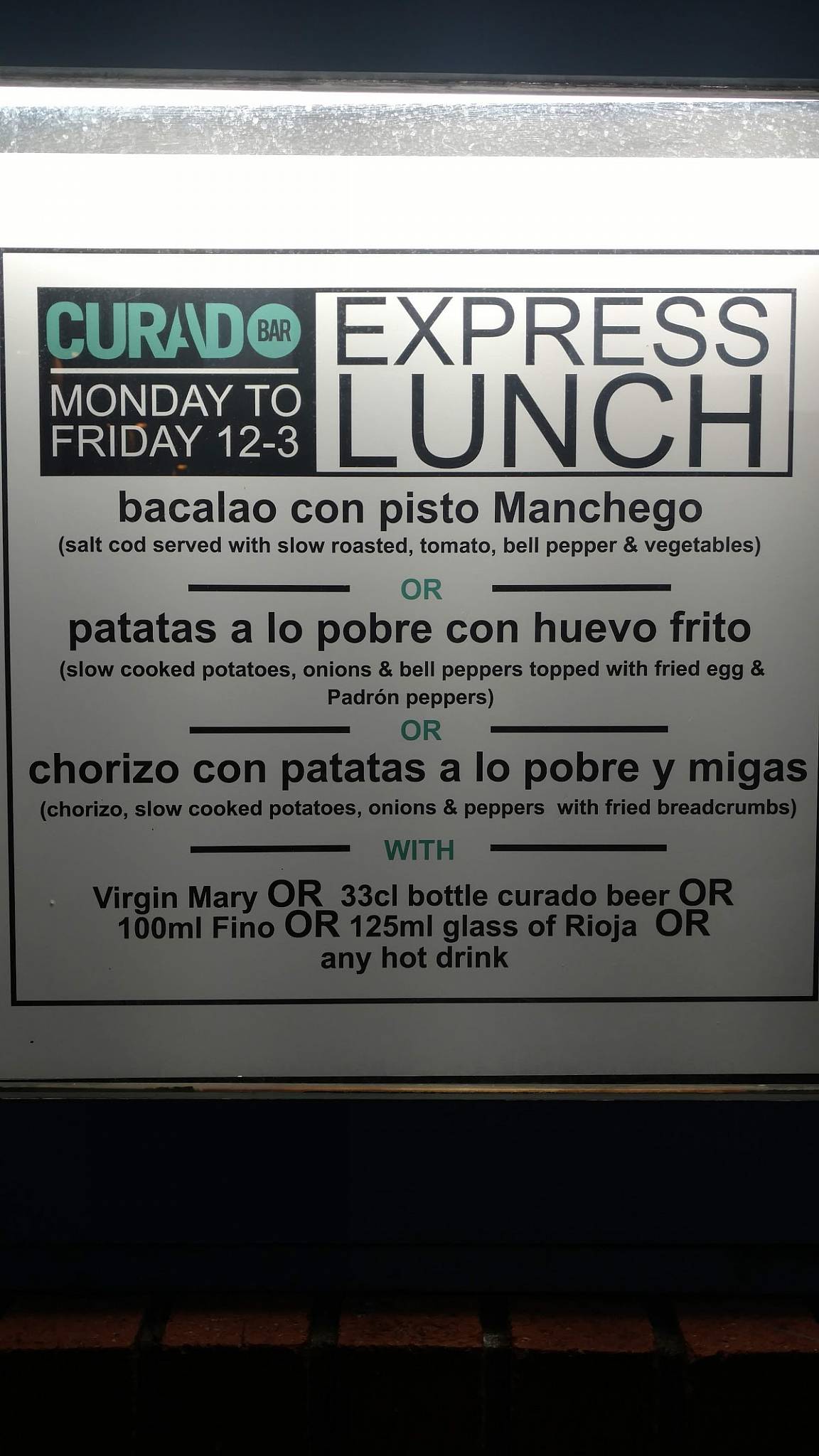 Menu at Curado Bar, Cardiff