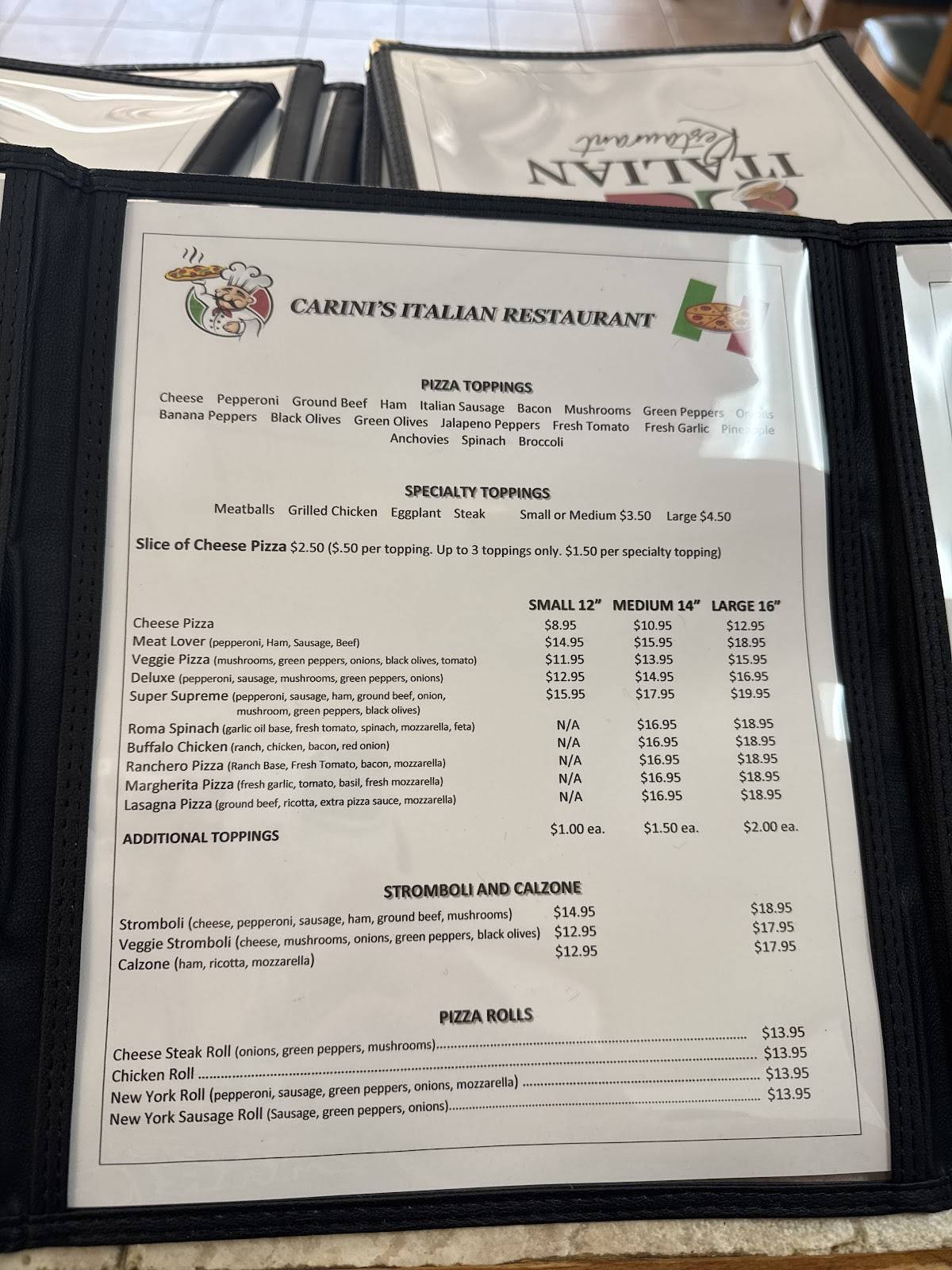 Menu at Carini's Italian Restaurant, Norlina