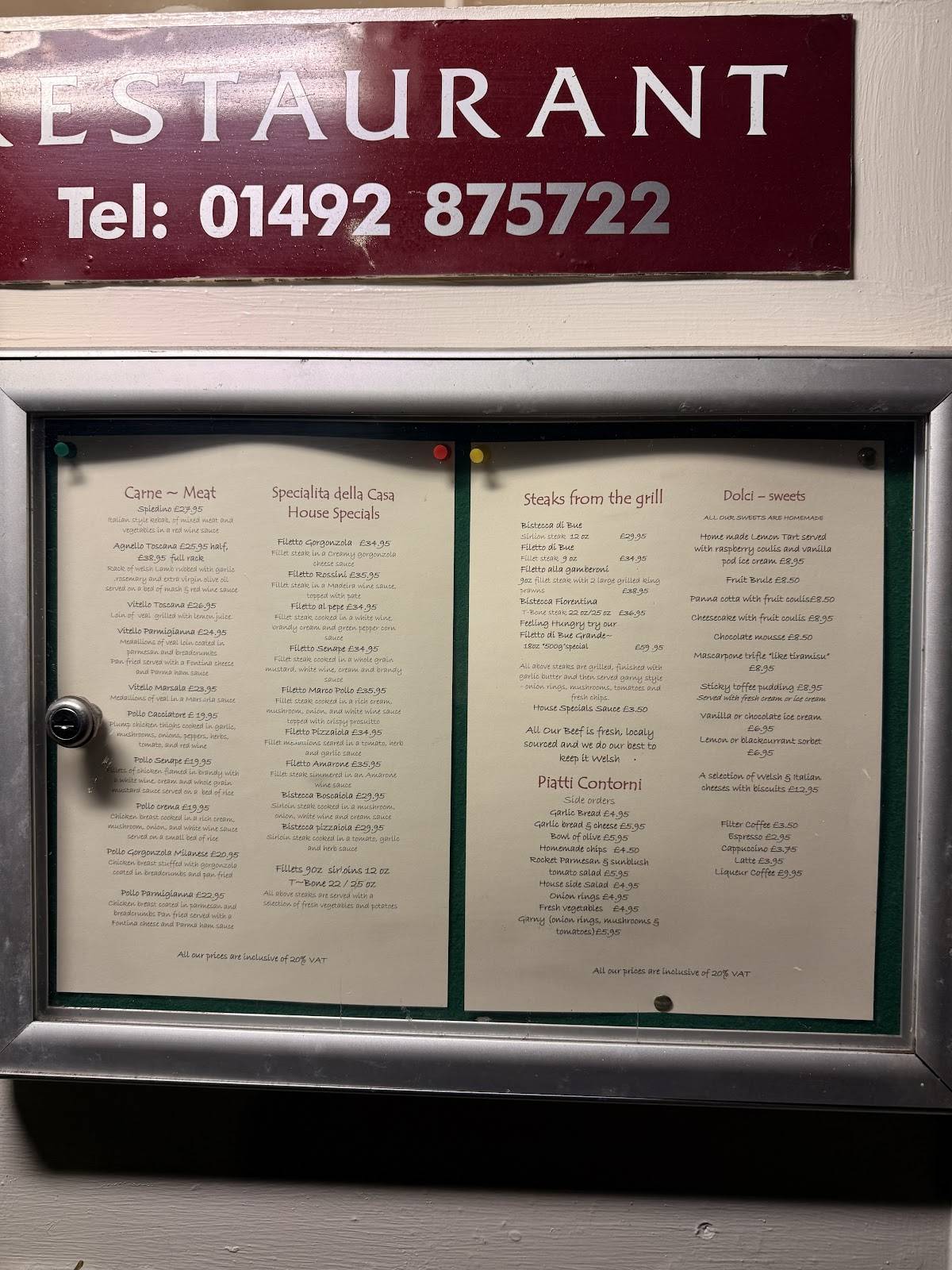 Menu at Carlo's Restaurant, Llandudno