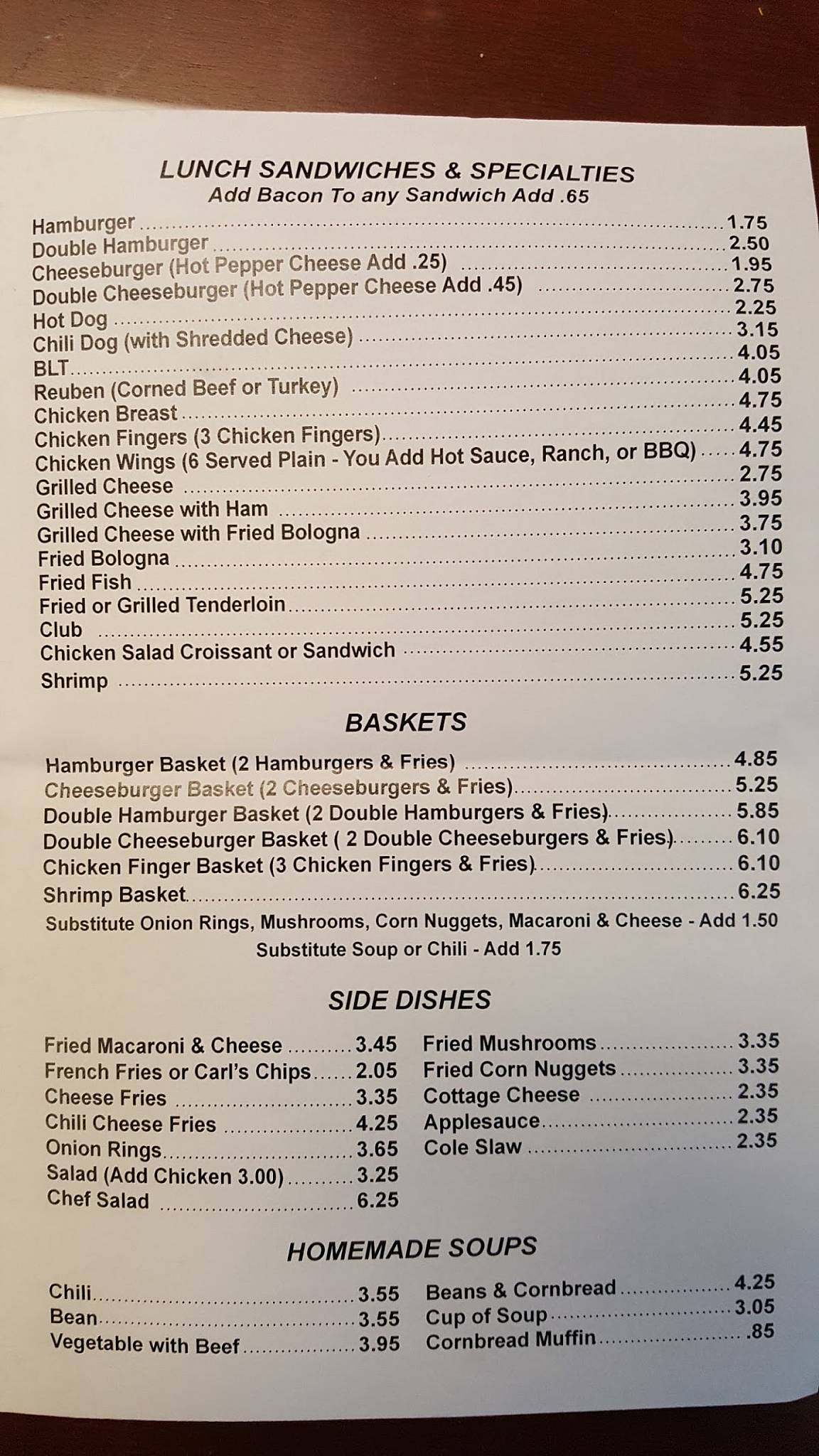 Menu at Carl's Townhouse restaurant, Chillicothe