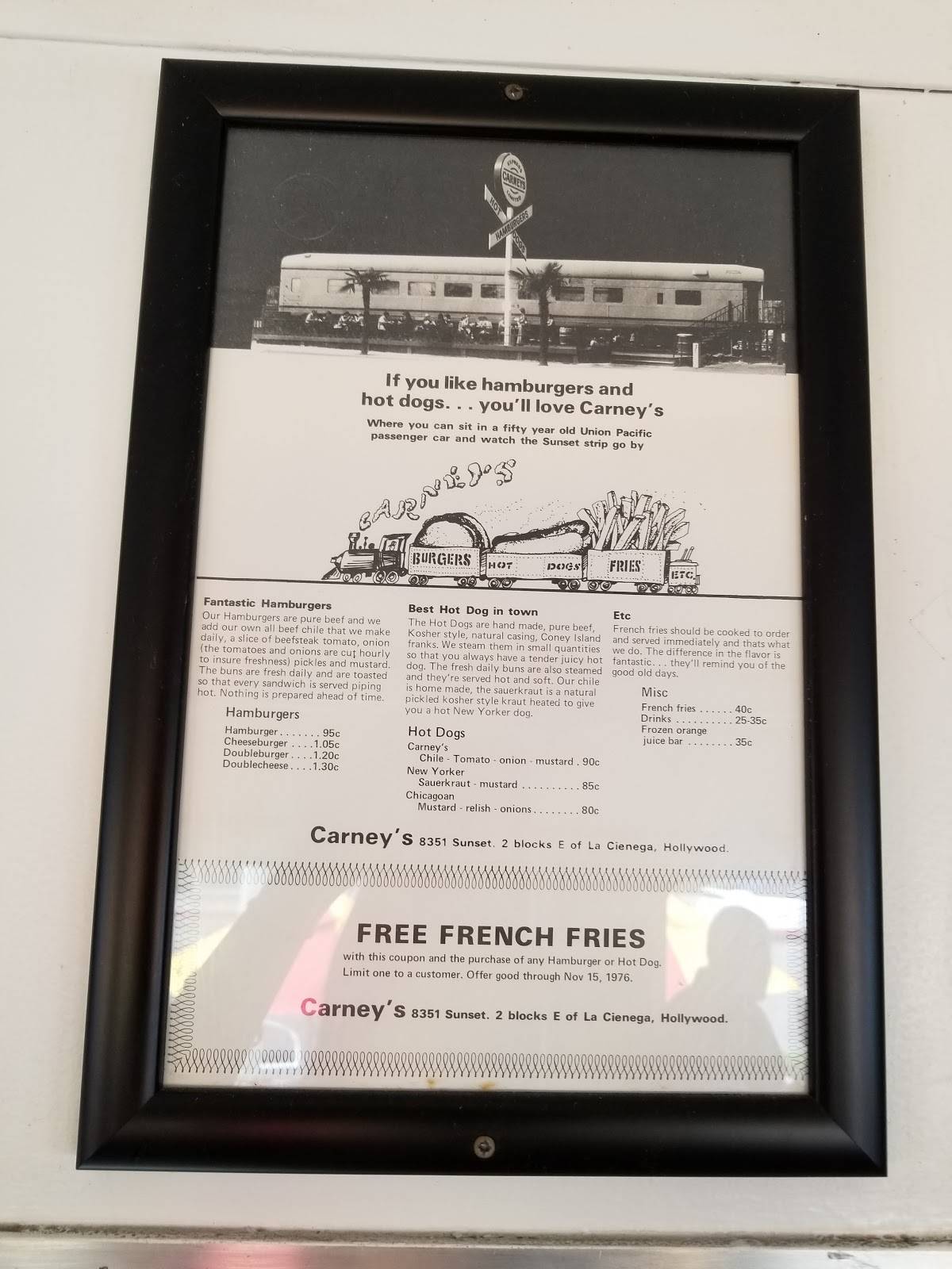 Menu at Carney's Restaurant, Los Angeles, Sunset Blvd
