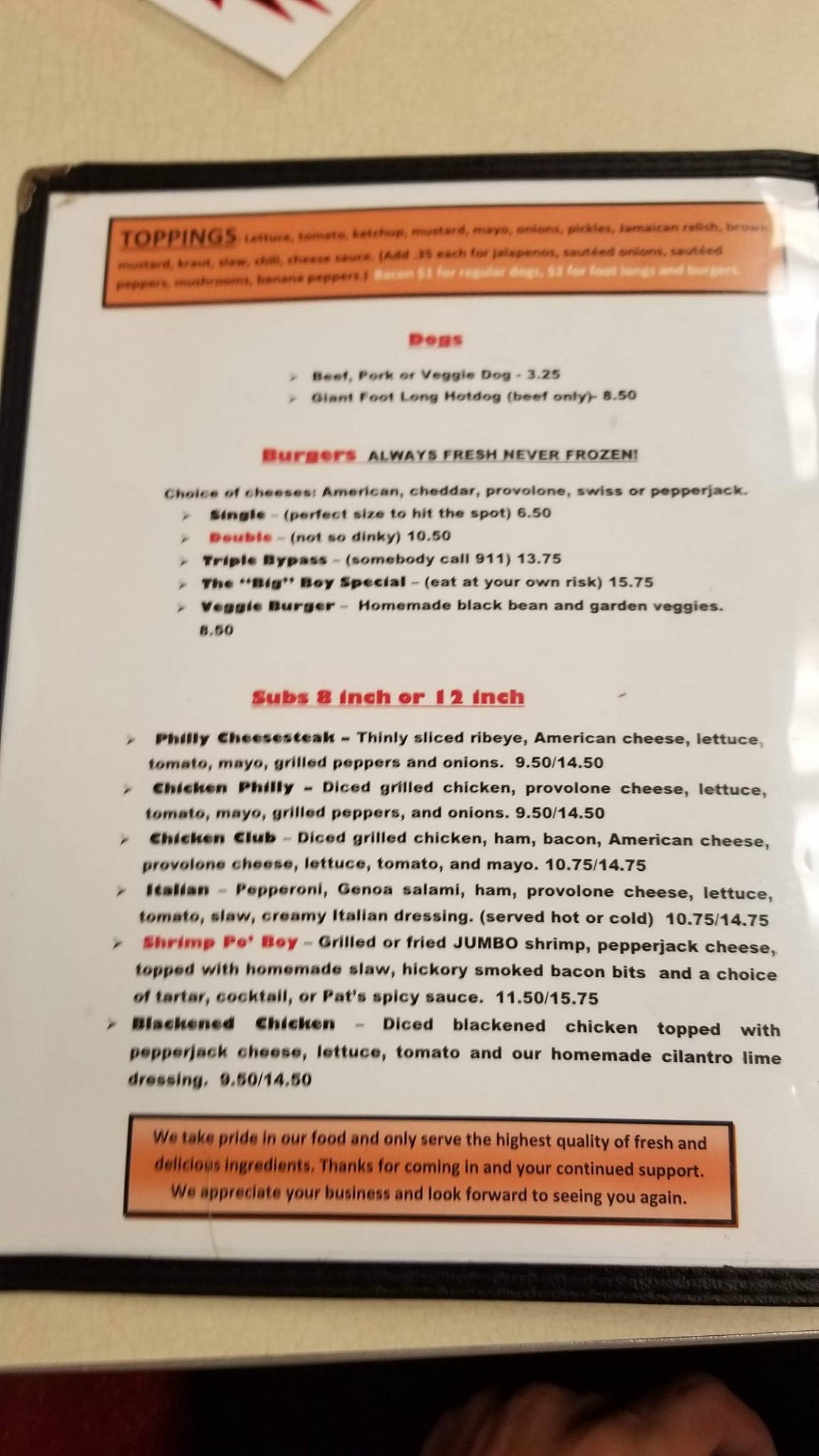 Menu at Pop's Diner restaurant, Carolina Beach