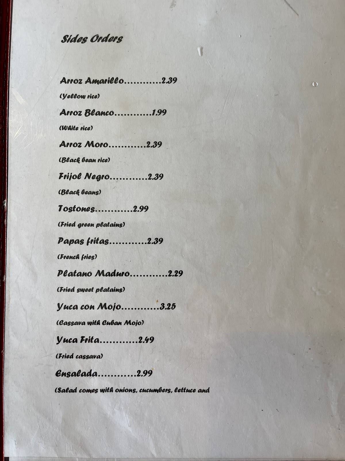 Menu at Carolina's Cuban Cafe, Bayonet Point, U.S. Hwy 19