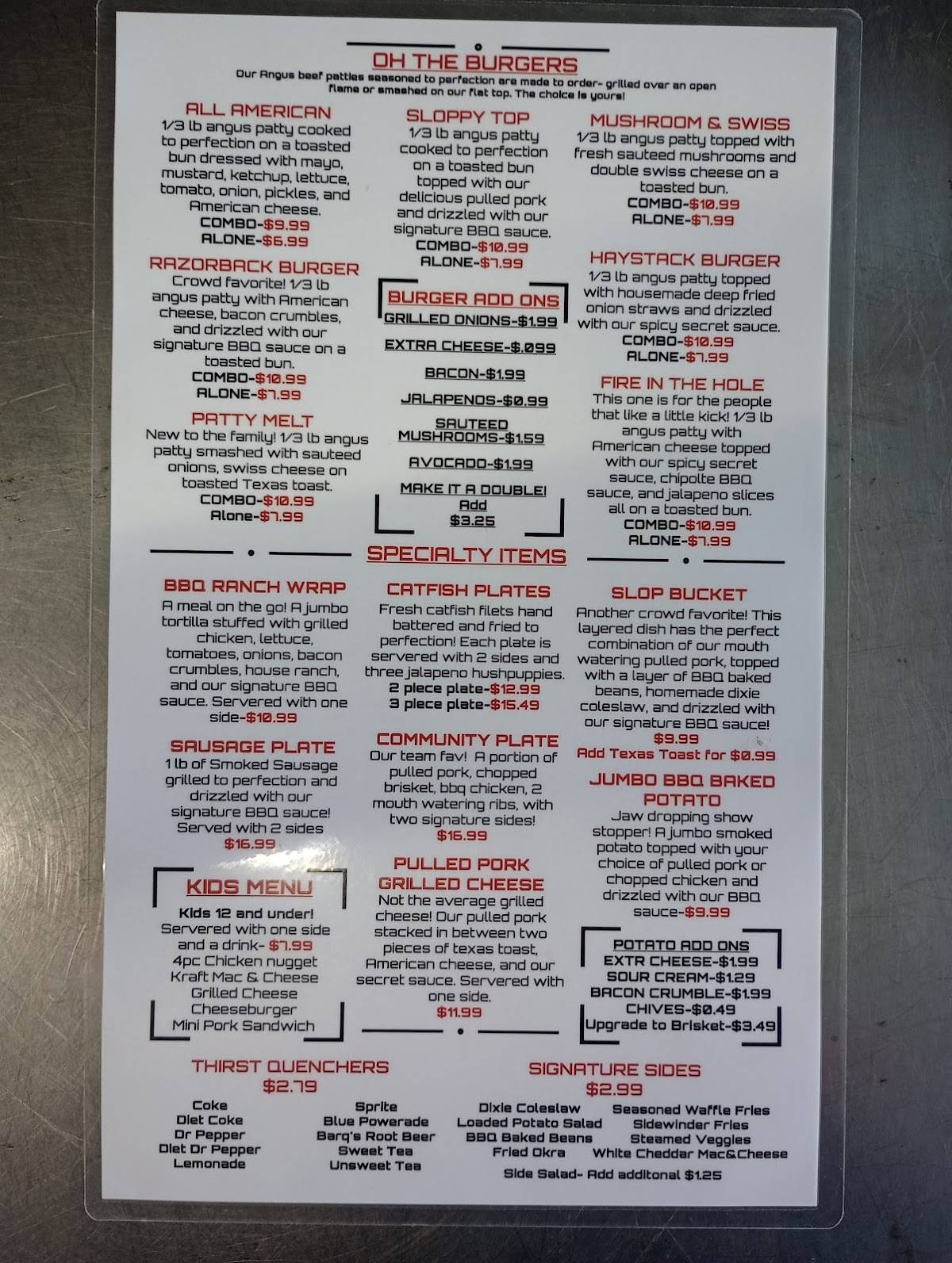 Menu at Carolyn’s RazorBack Ribs BBQ, Yellville