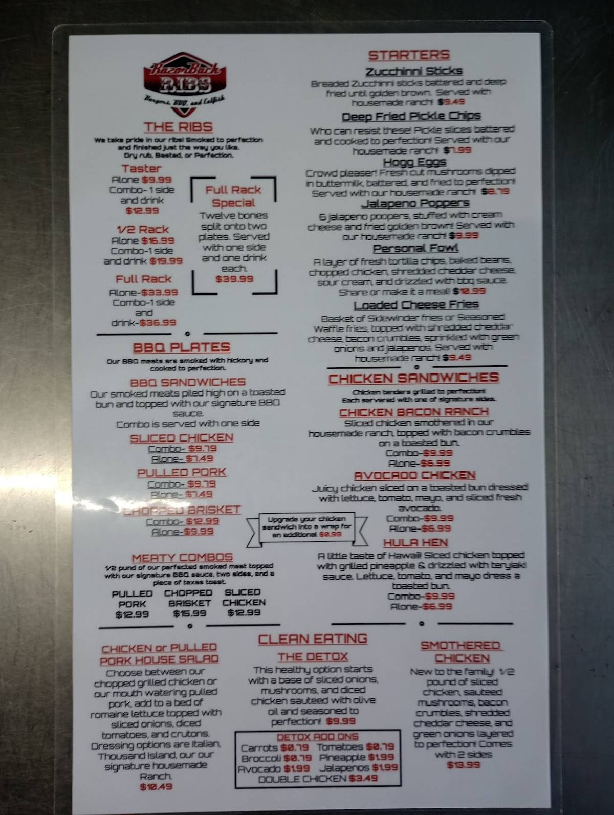 Menu at Carolyn’s RazorBack Ribs BBQ, Yellville