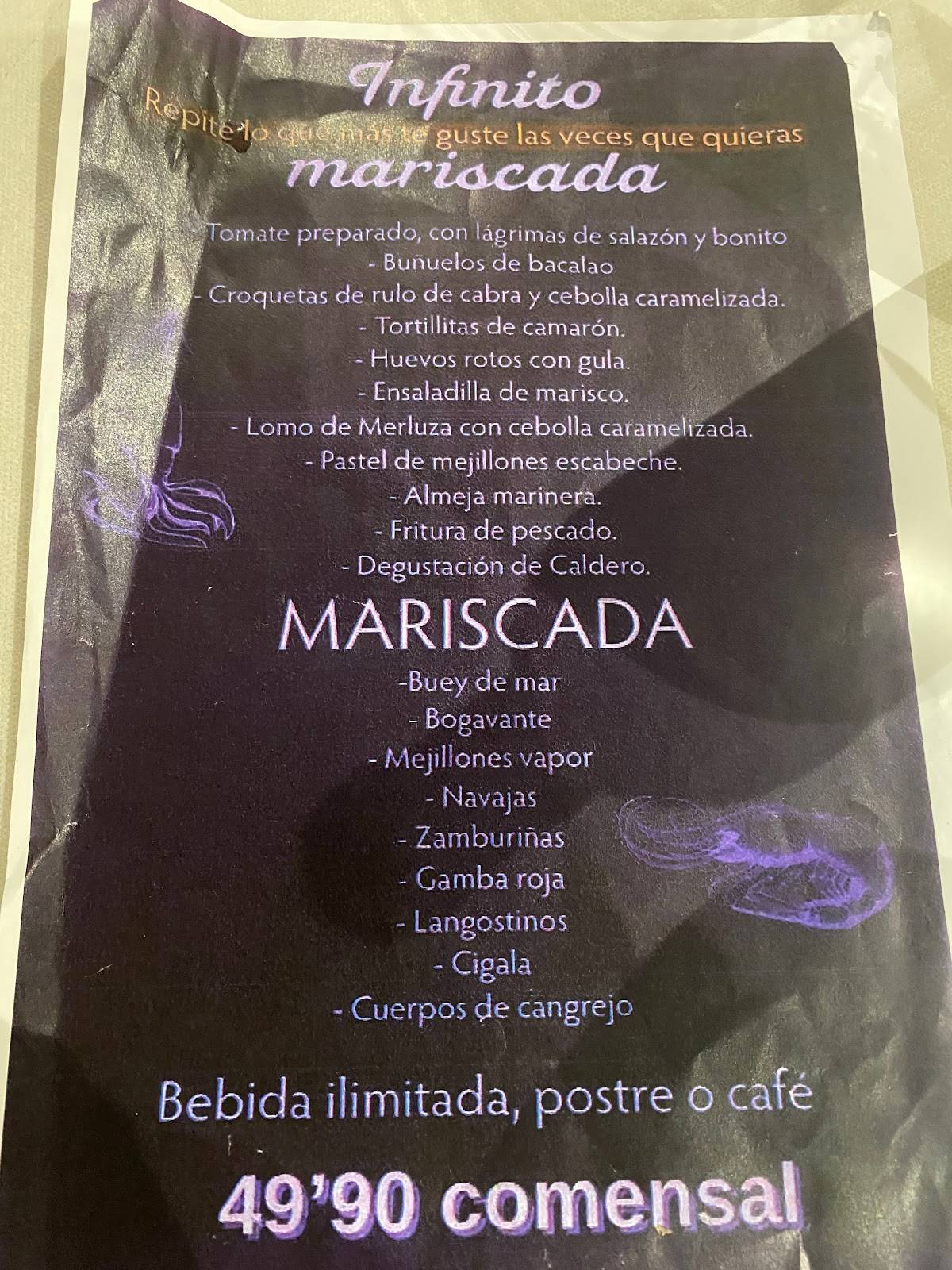 Carta del restaurante Marisquería La Marina, Cartagena
