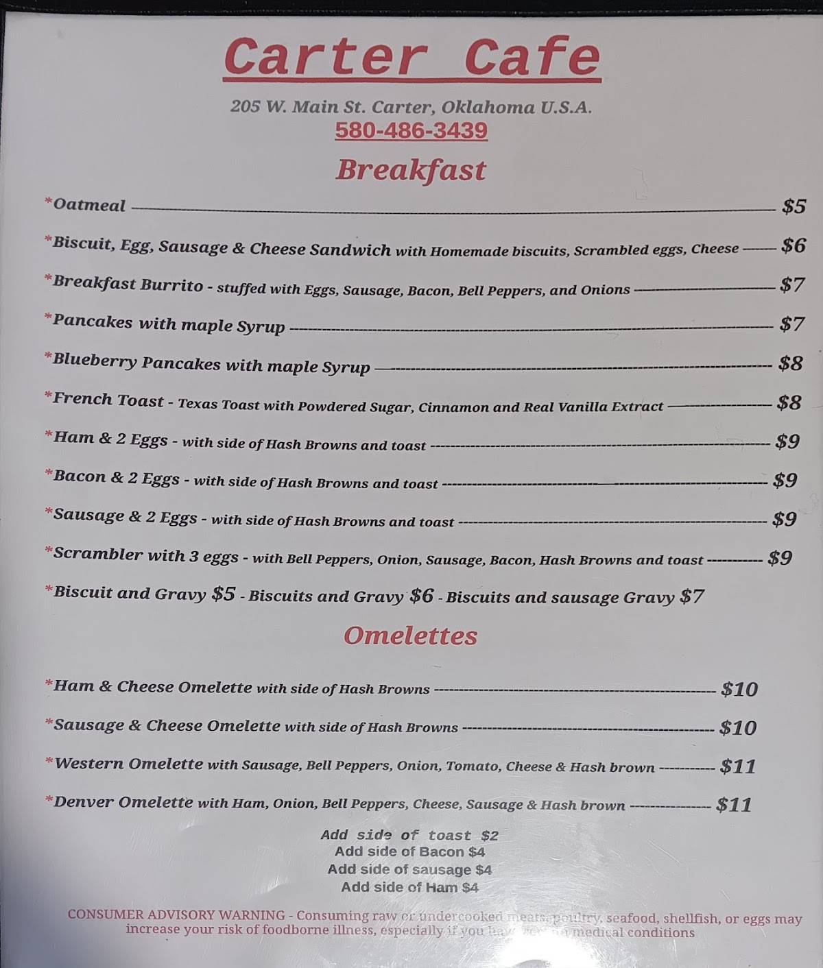 Menu at Carter Cafe, Carter