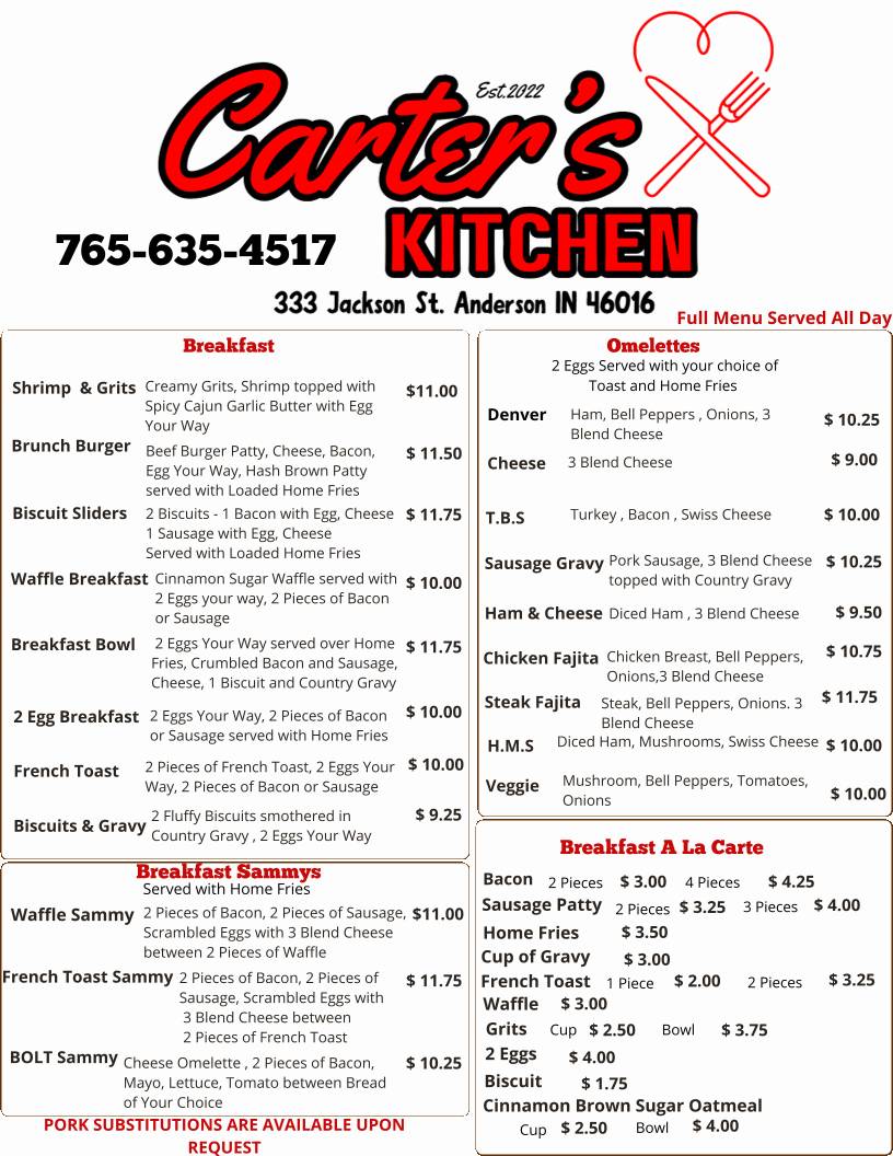 Menu at Carter's Kitchen restaurant, Anderson