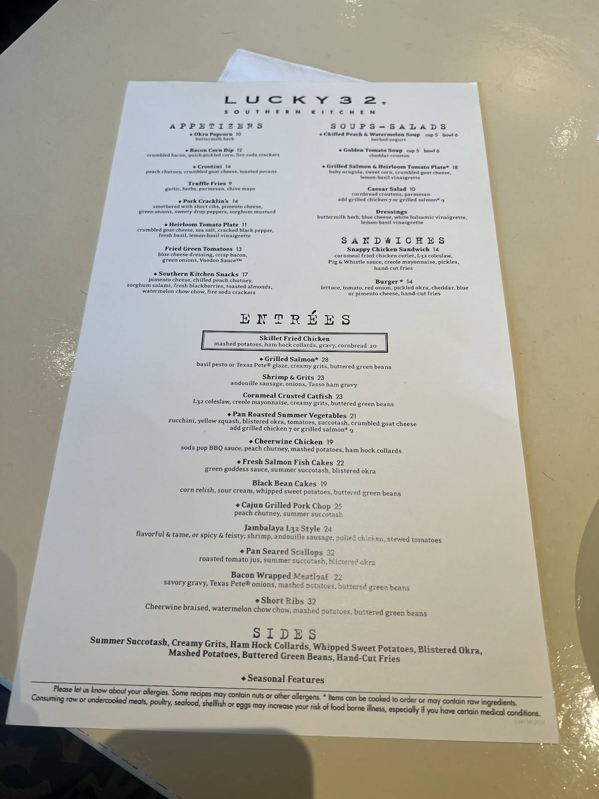 Menu at Lucky 32 Southern Kitchen restaurant, Cary