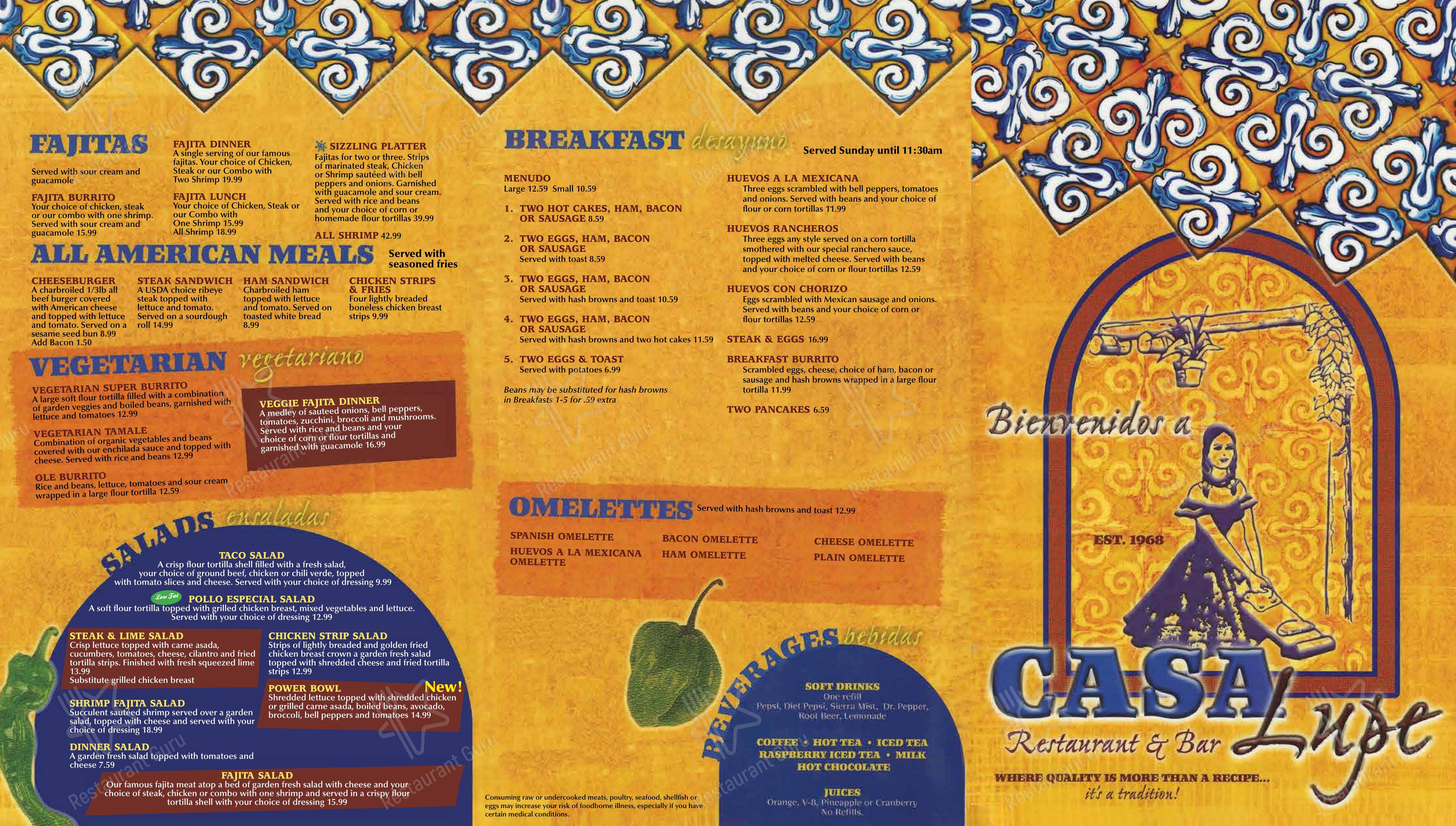 Carta del restaurante Casa Lupe, Mountain View