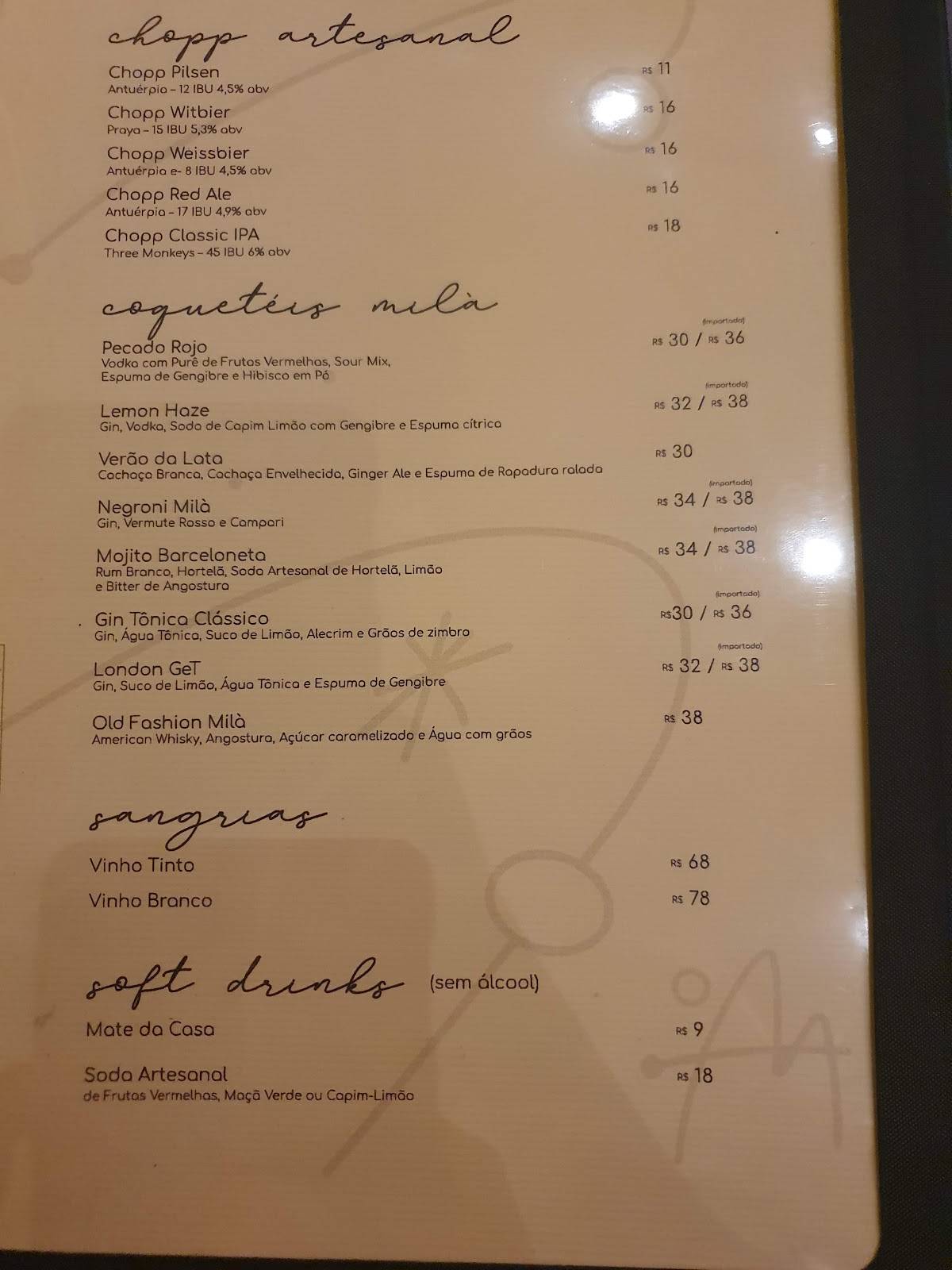 Menu em Casa Milà restaurante, Rio de Janeiro