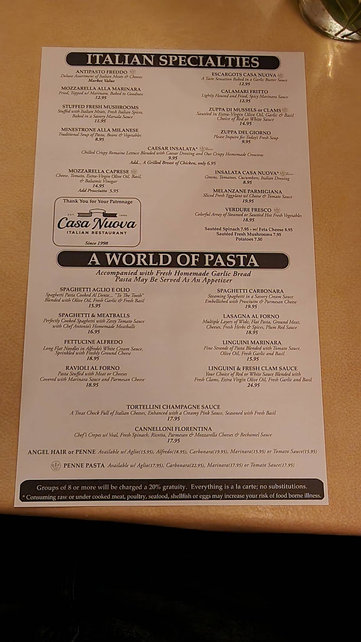 Menu at Casa Nuova Italian Restaurant, Alpharetta