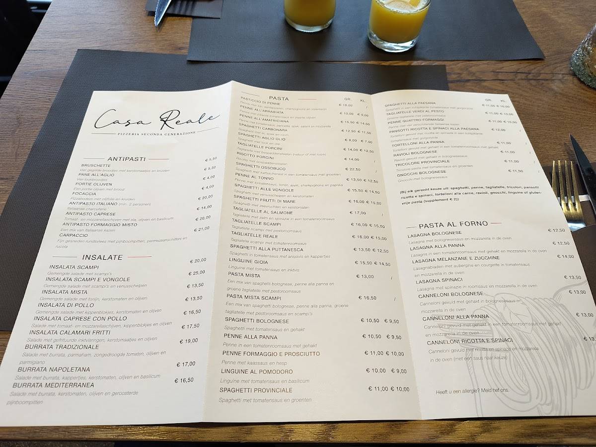 Menu at Casa Reale restaurant, Beringen