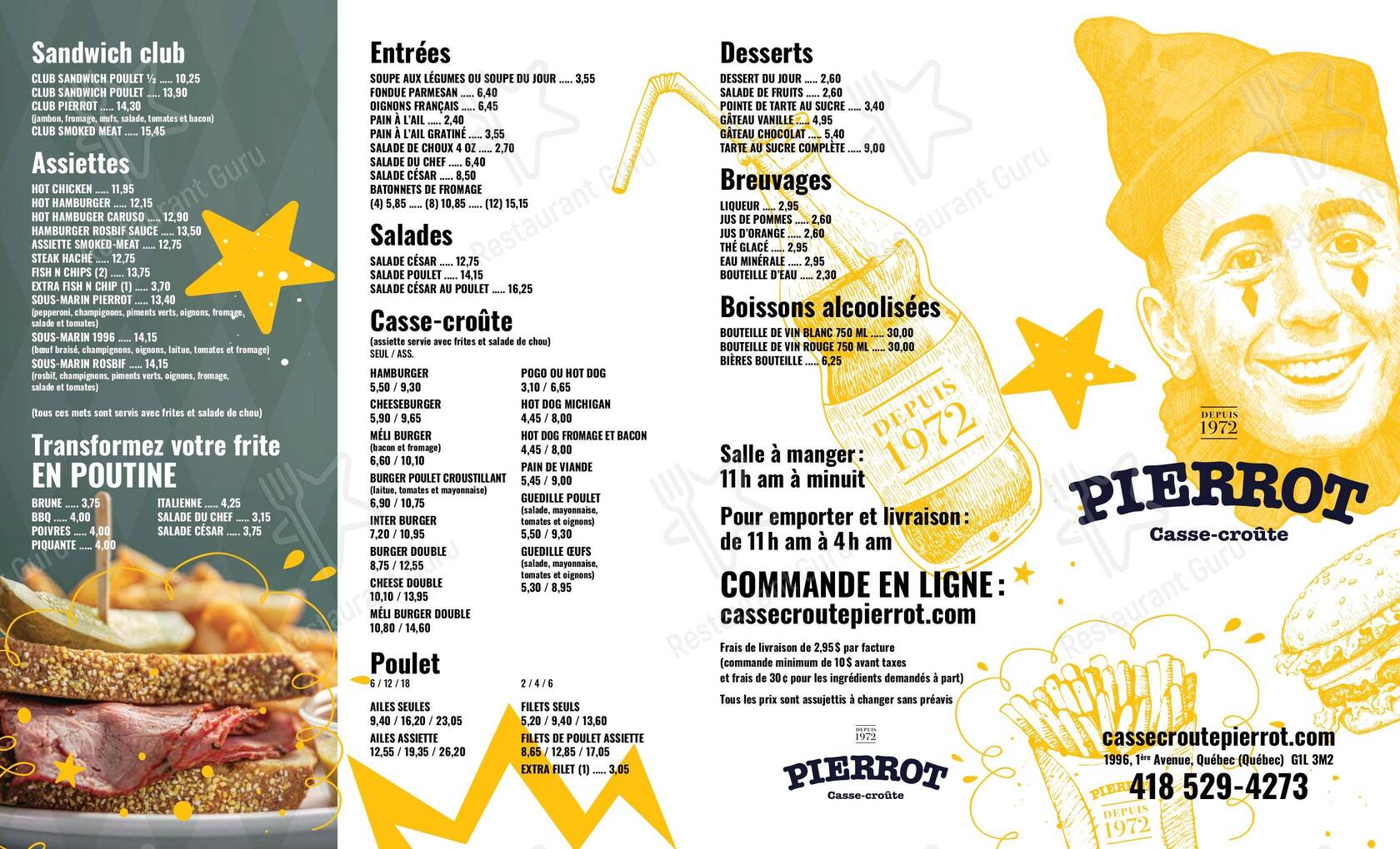 Menu au Casse-Croûte Pierrot pub et bar, Québec, 1re Av.