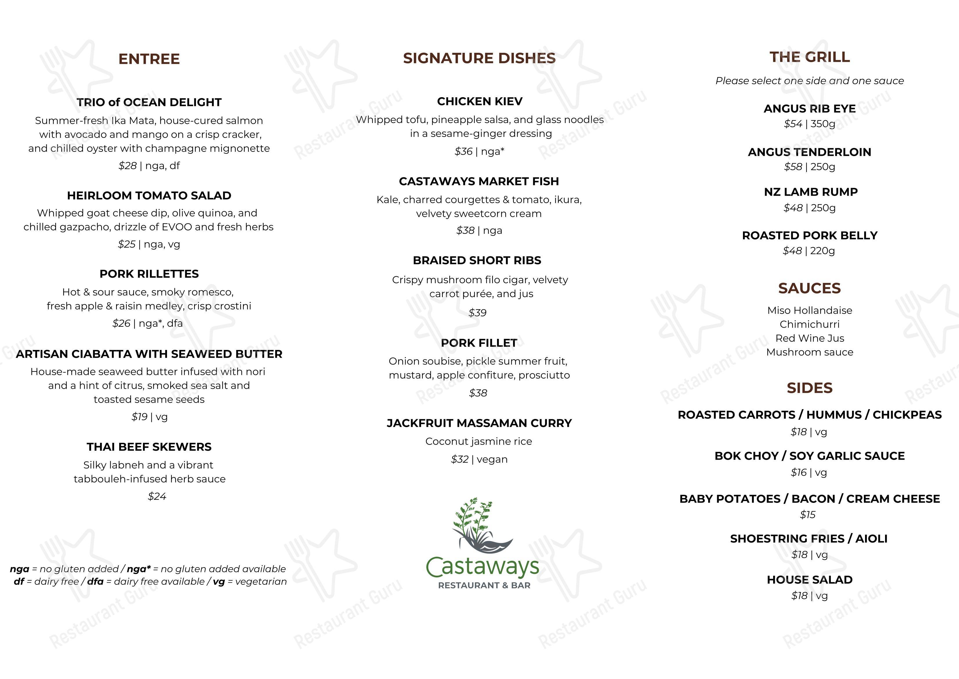 Menu at Castaways Restaurant & Bar, Lake Puketi, 685 Karioitahi Rd