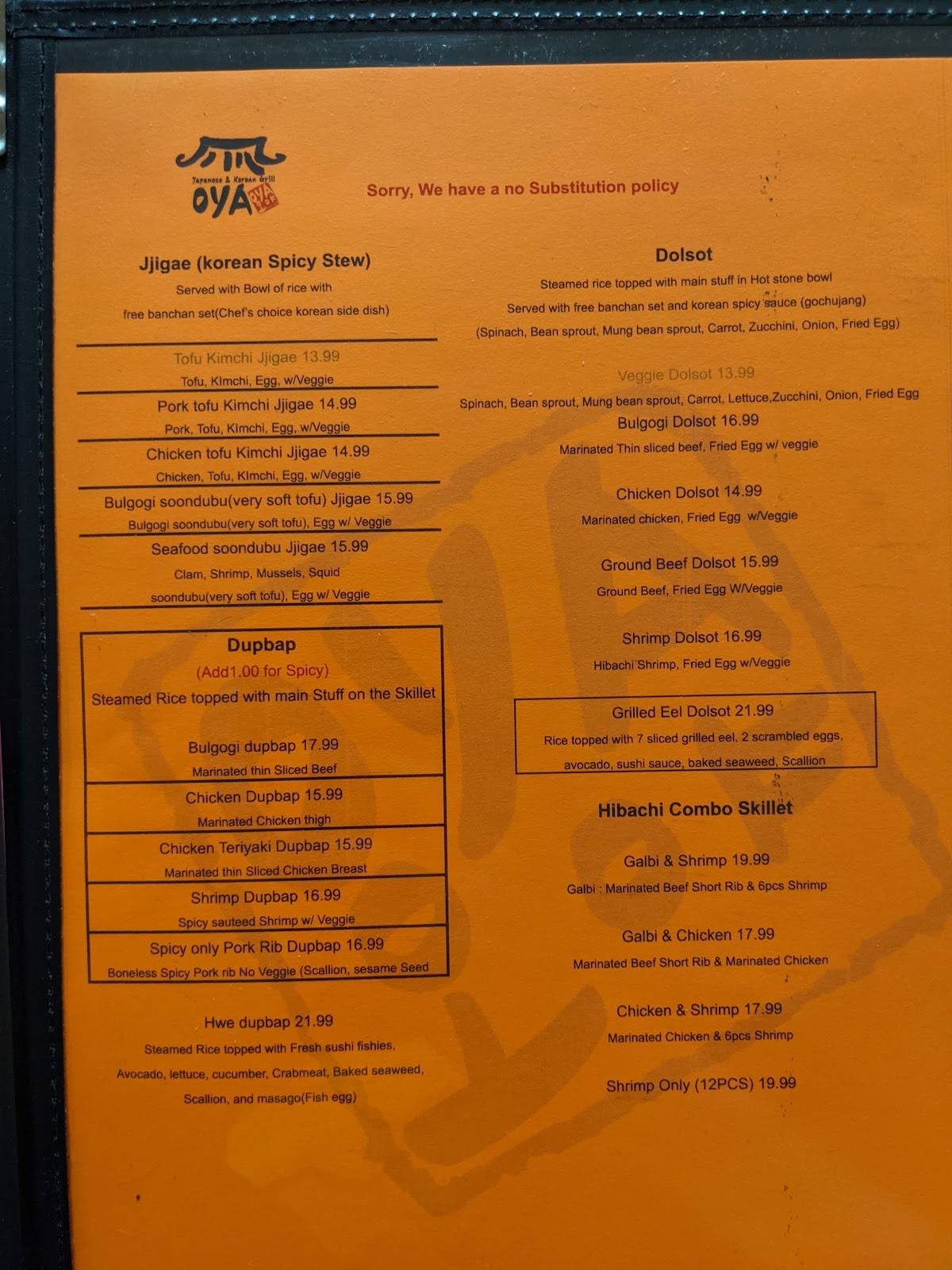 Menu at Oya Sushi and Korean Grill BBQ, Pittsburgh