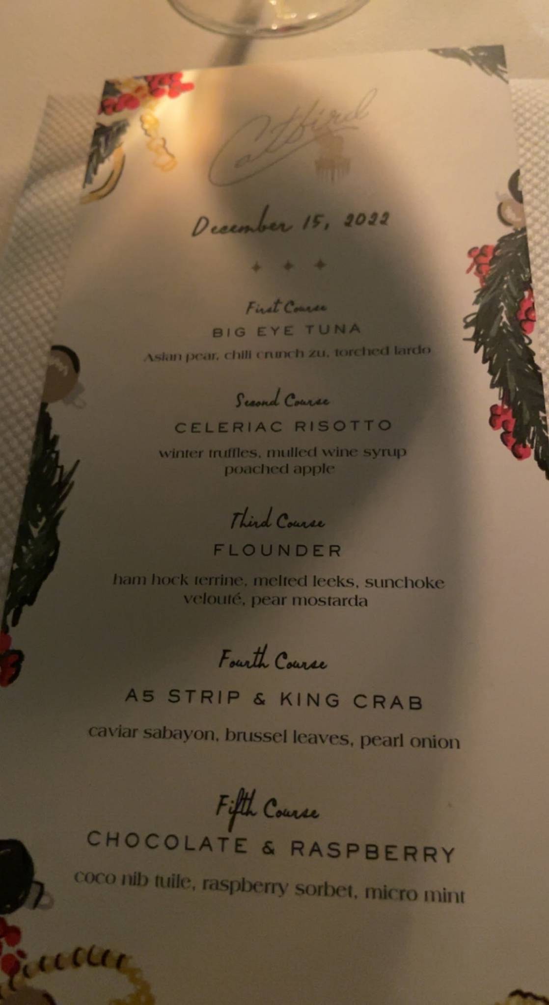 Menu at Catbird restaurant, Dallas