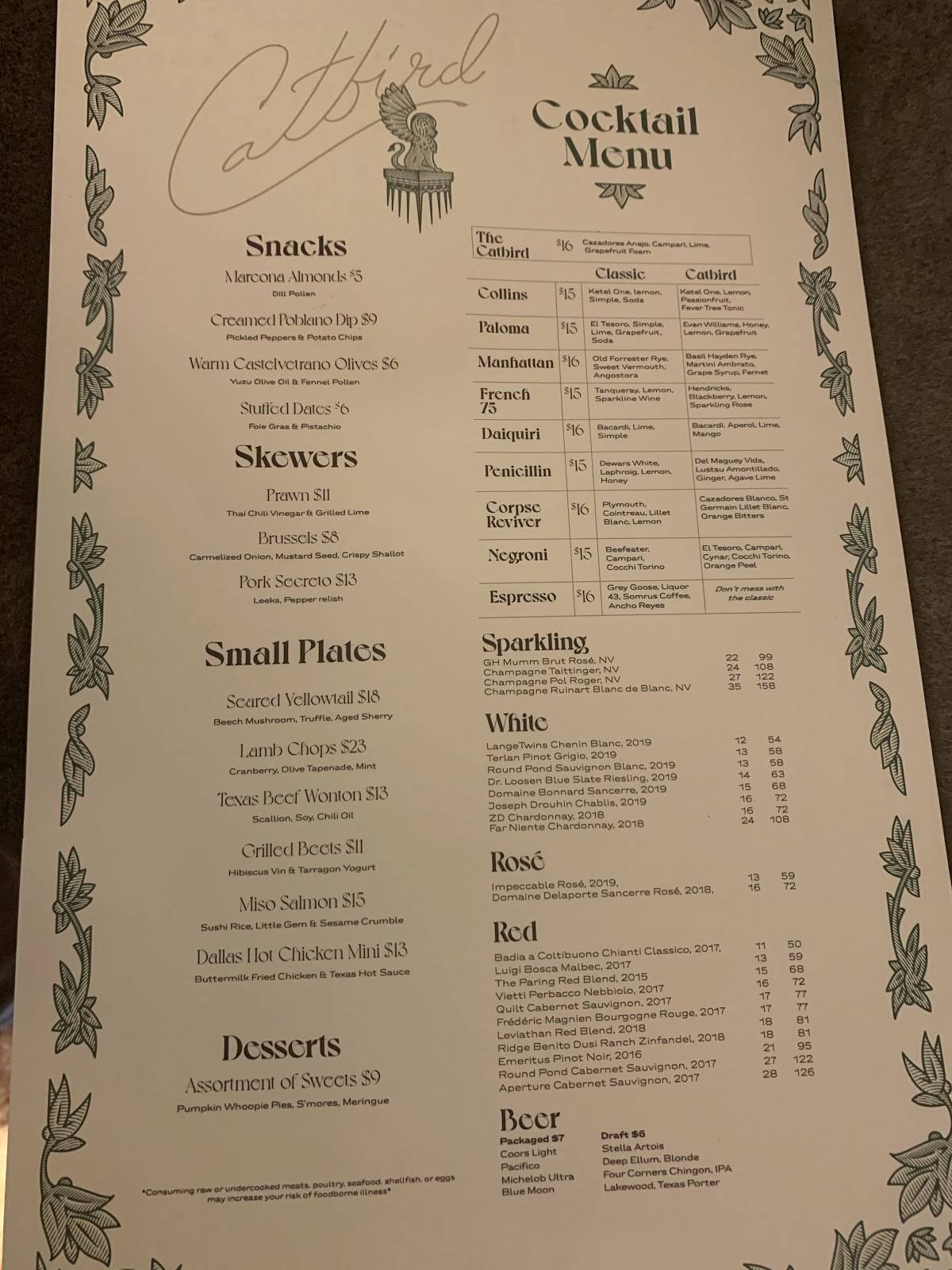 Menu at Catbird restaurant, Dallas