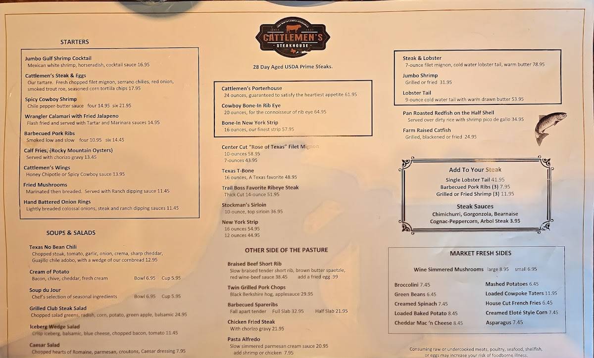 Menu at Cattlemen's Steak House steakhouse, Fort Worth