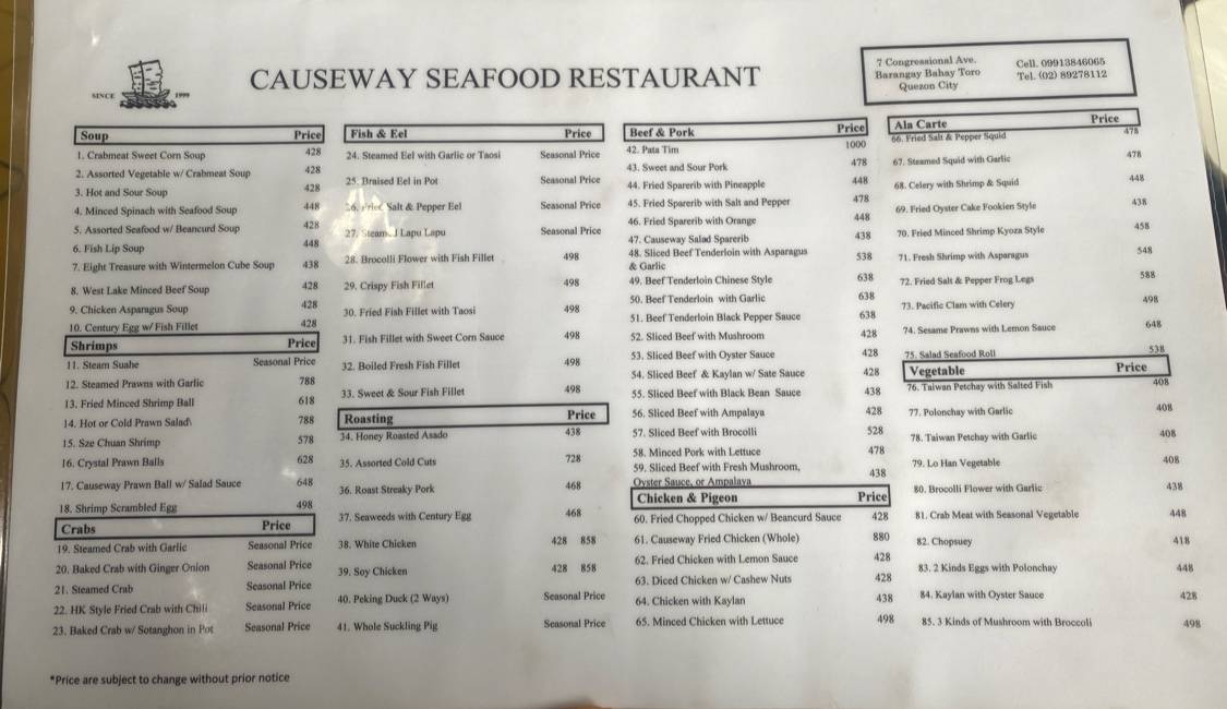 Menu at Causeway Restaurant - Congressional, Quezon City, M2CQ+99J