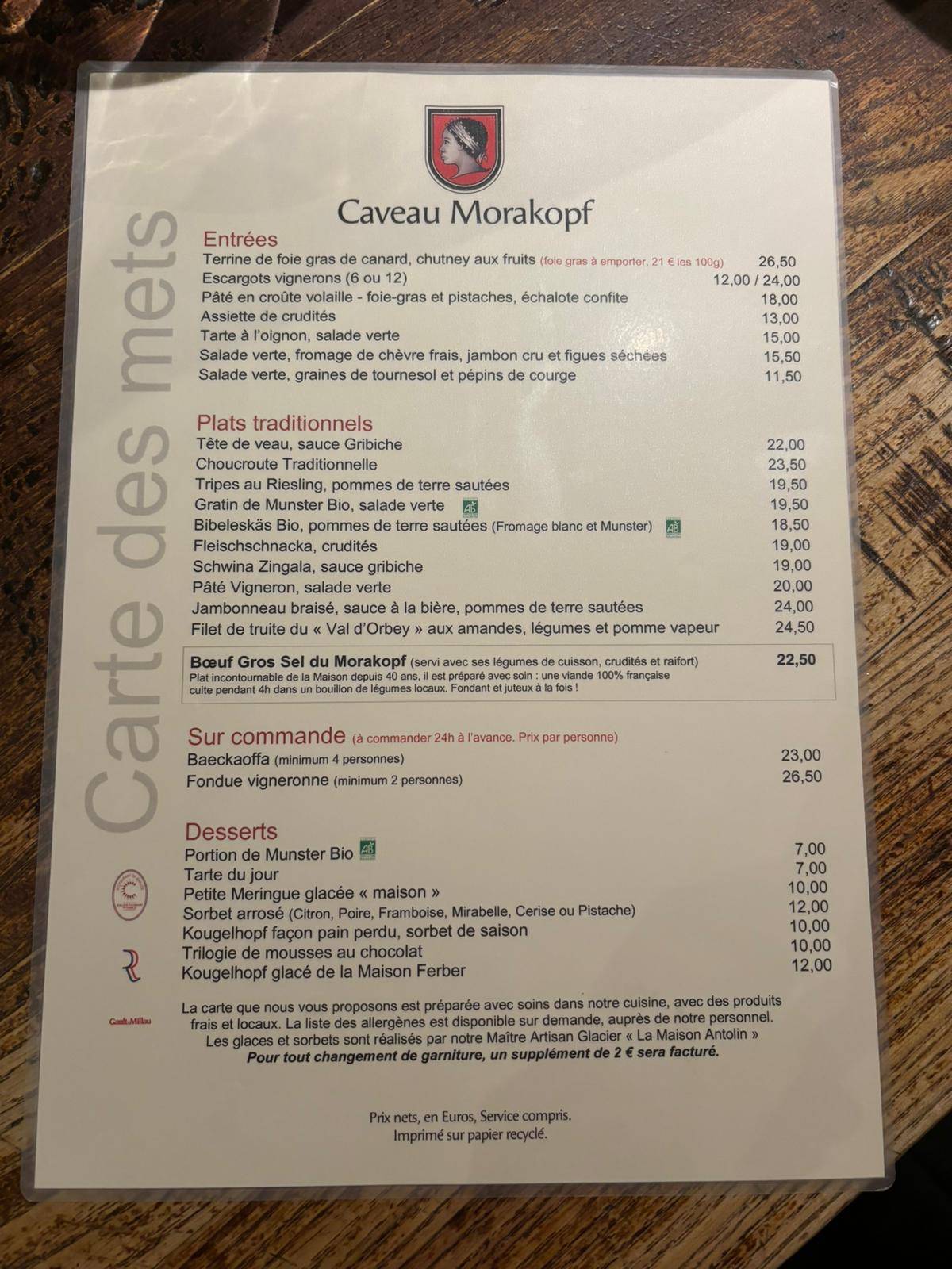 Menu au Caveau Morakopf restaurant, Niedermorschwihr