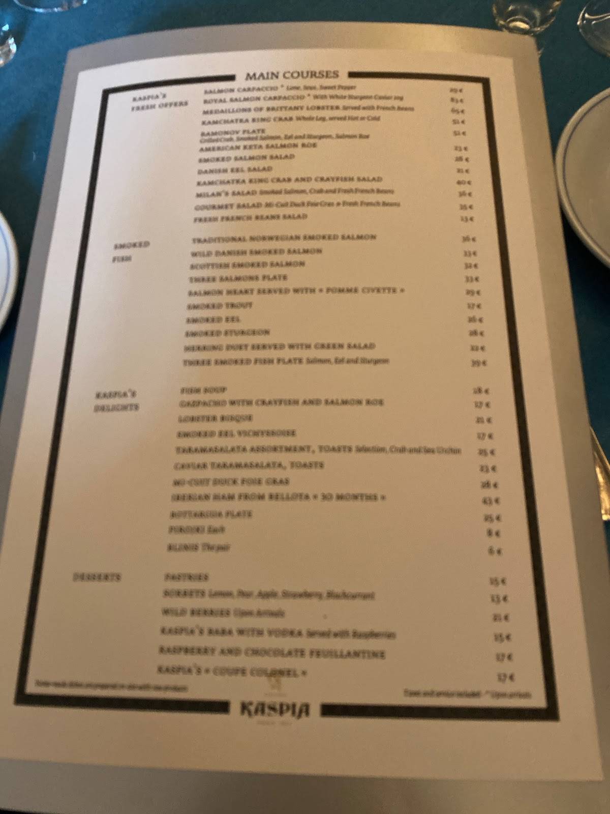 Menu at Caviar Kaspia restaurant, Paris, 17 Pl. de la Madeleine