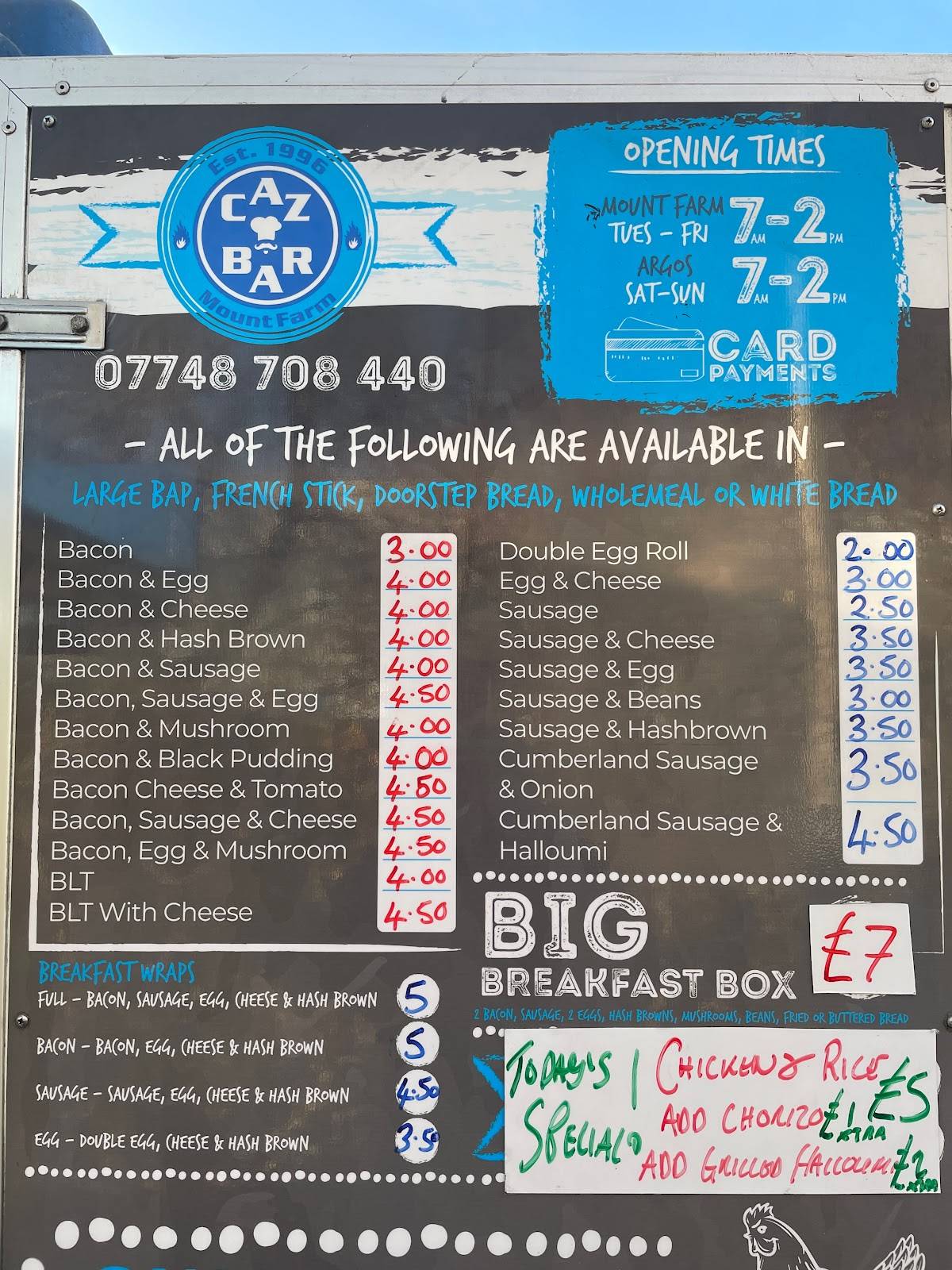 Menu at Caz Bar MK, Milton Keynes