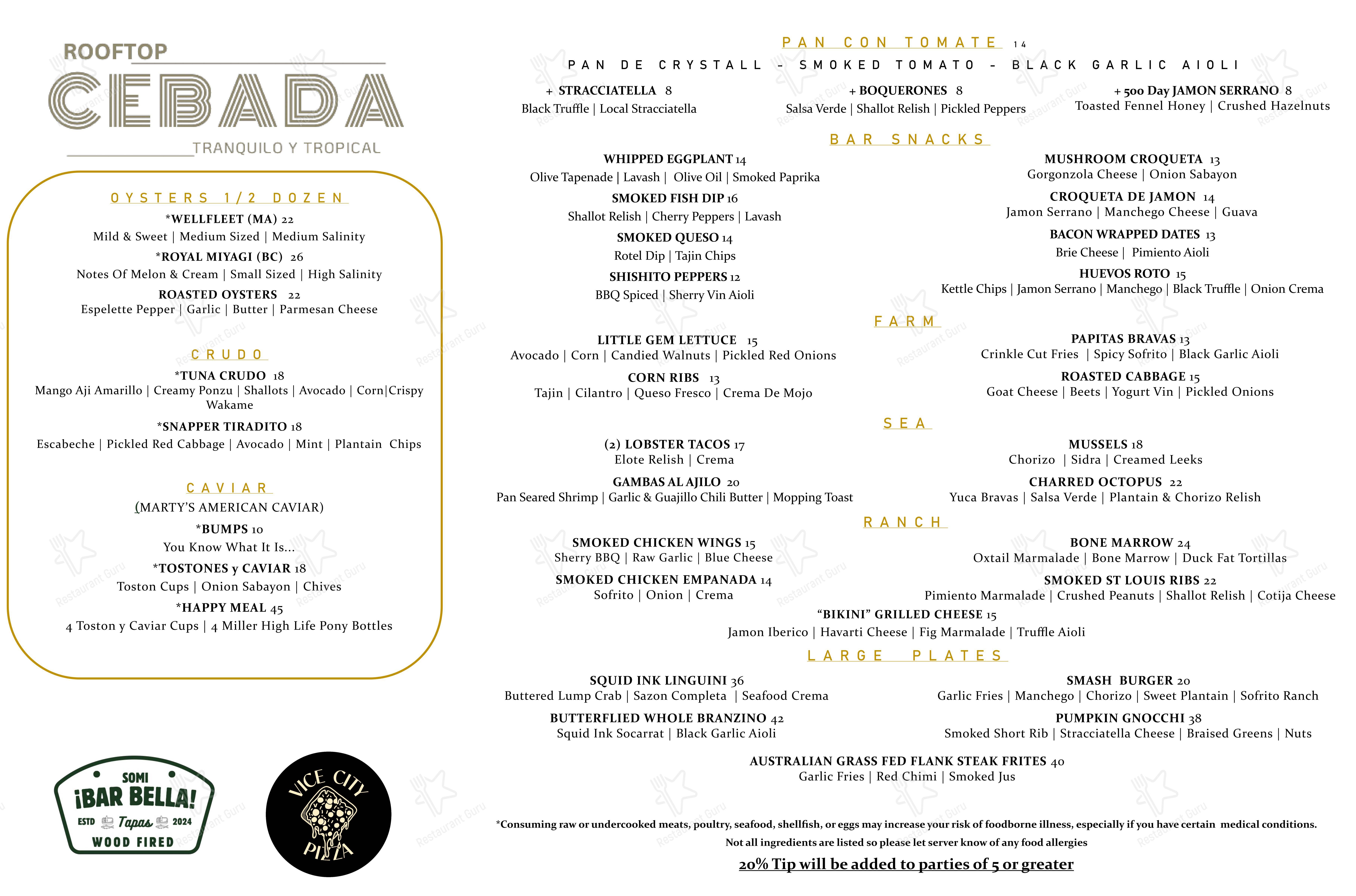 Carta del pub y bar Cebada Rooftop, Coral Gables