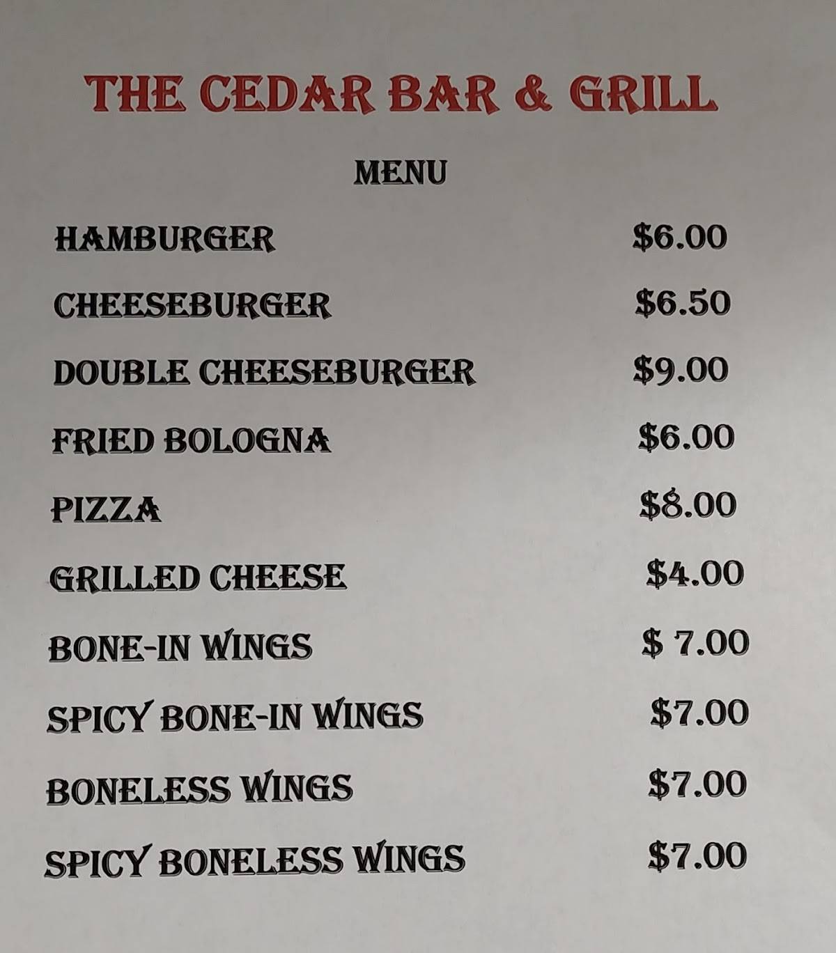 Menu at Cedar Bar & Grill, Newark