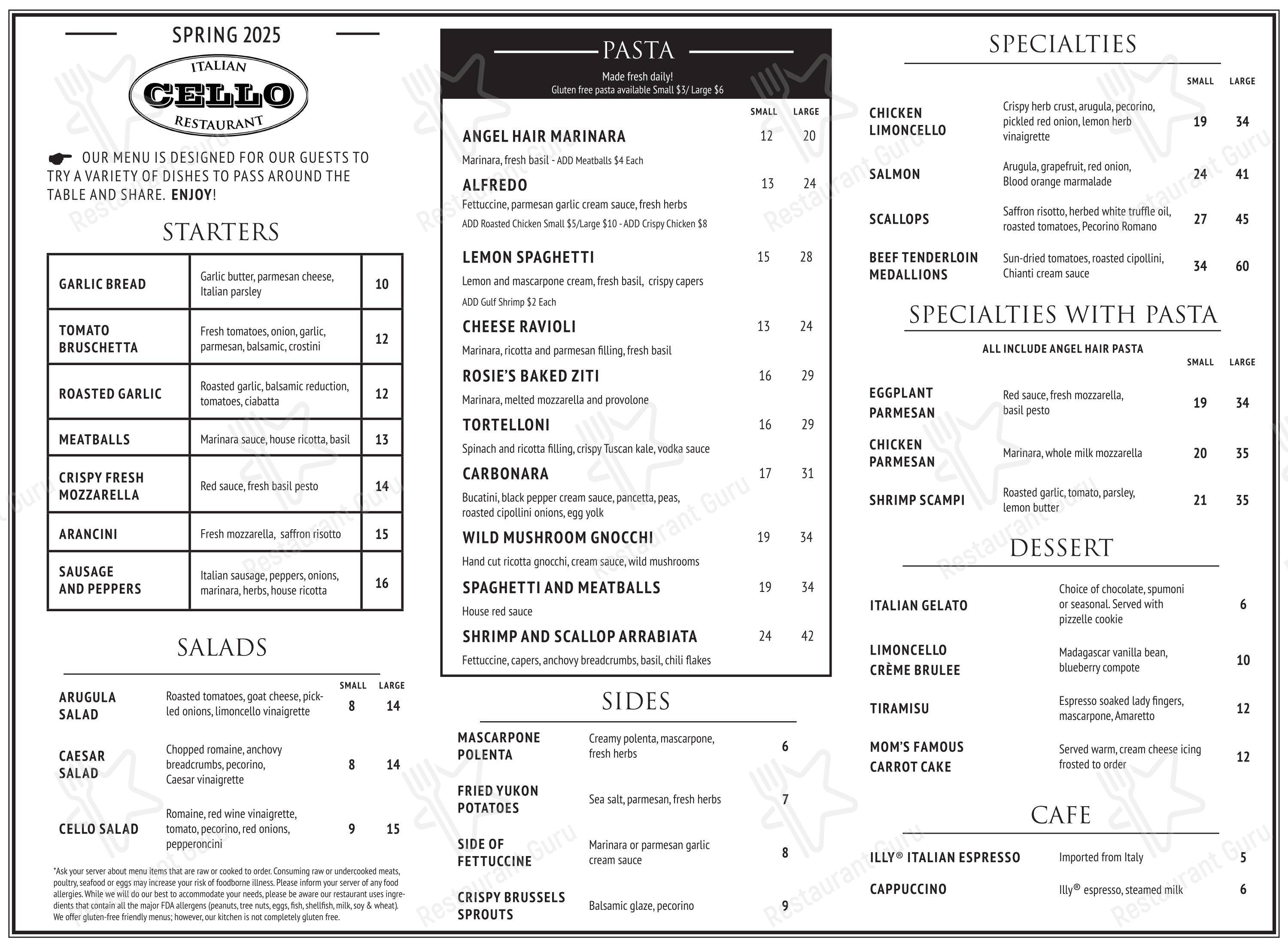Menu at Cello Italian Restaurant, Howell