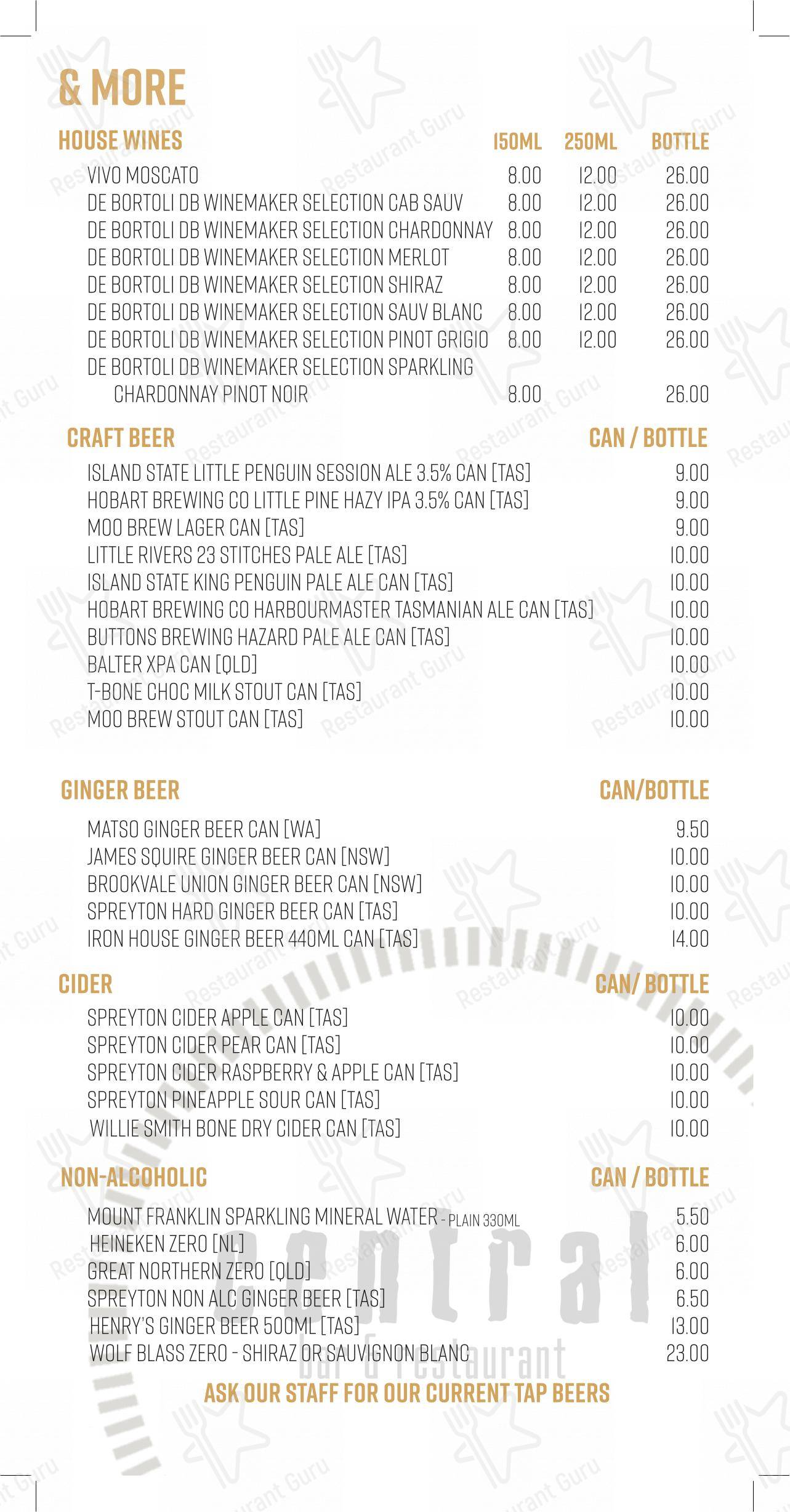 Menu at Central Bar & Restaurant, Devonport