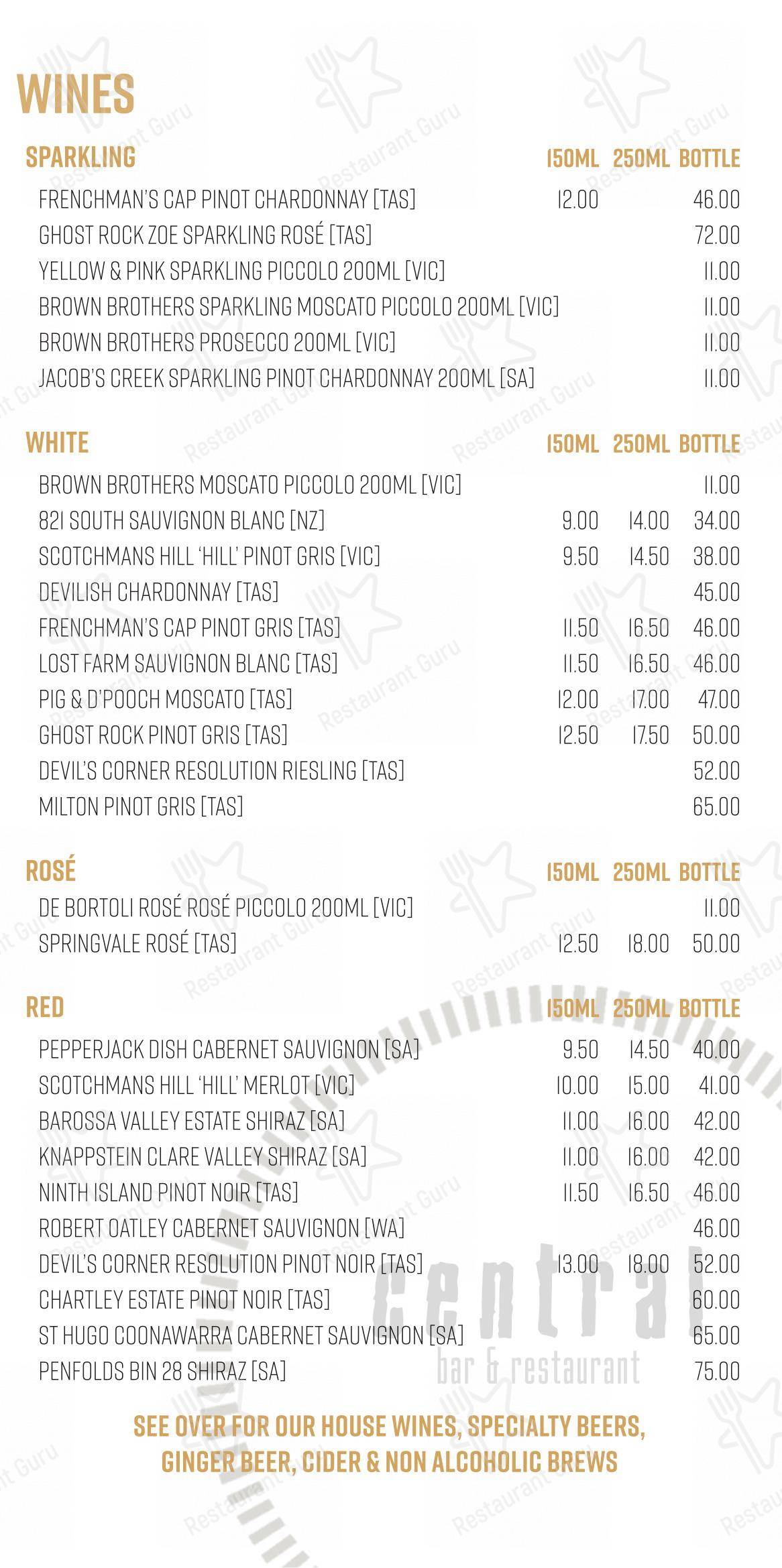 Menu at Central Bar & Restaurant, Devonport