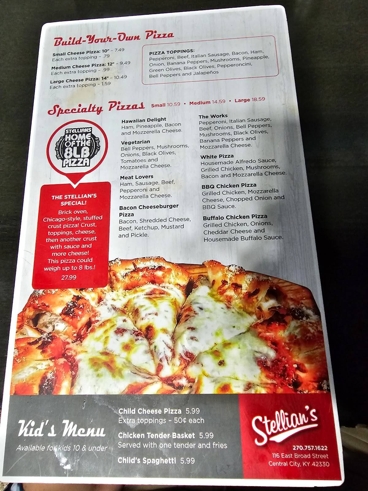 Menu at Stellian's restaurant, Central City