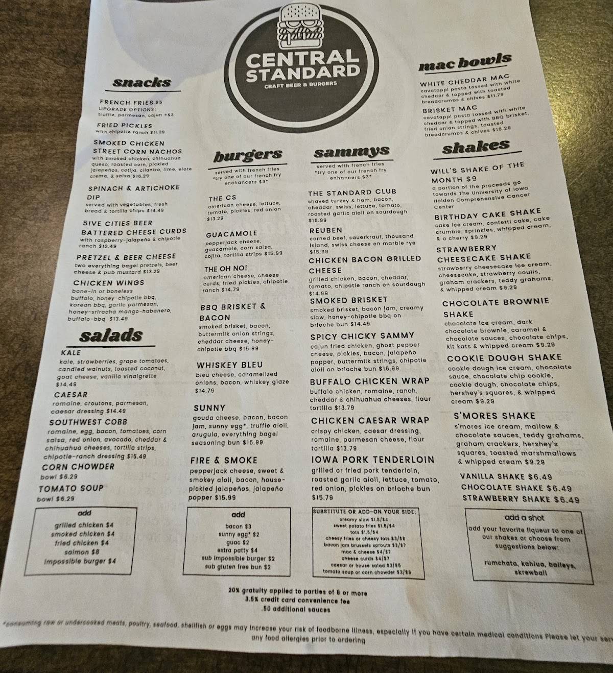 Menu at Central Standard Craft Burgers & Beer restaurant, Bettendorf