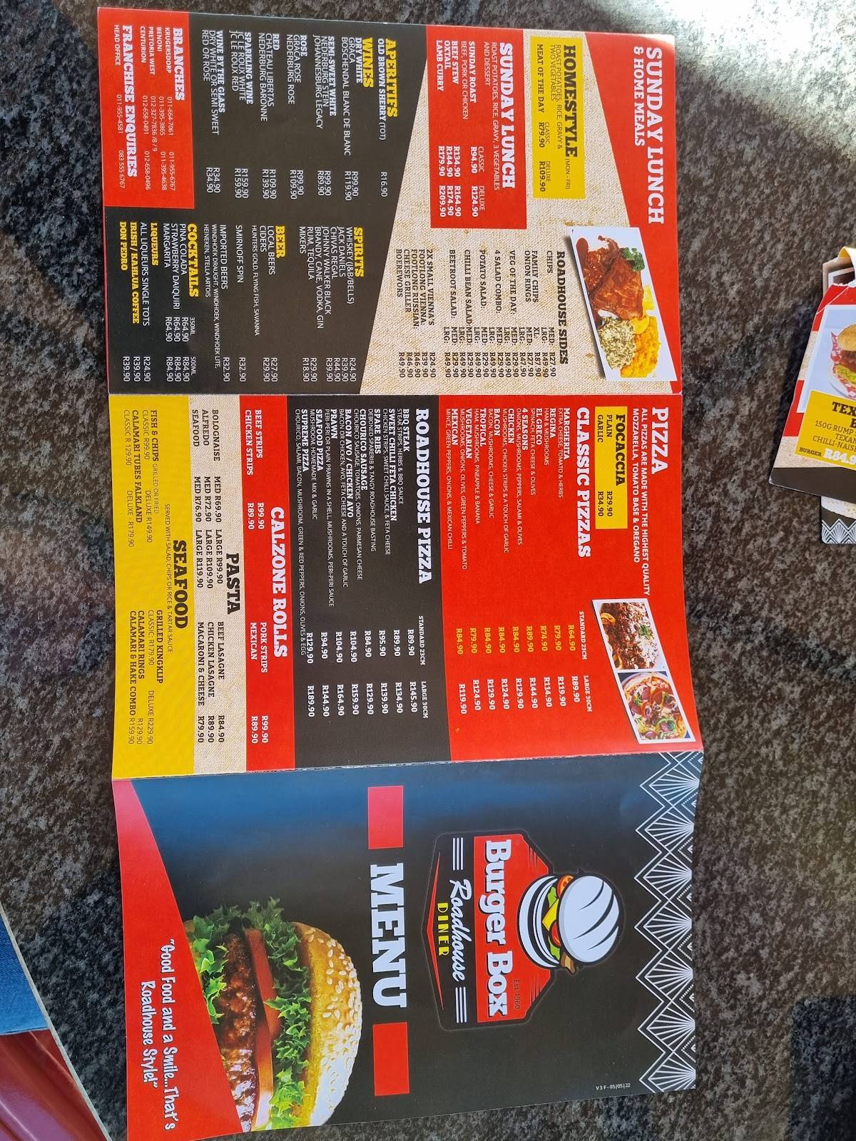 Menu at Burger Box Roadhouse Centurion restaurant, Centurion