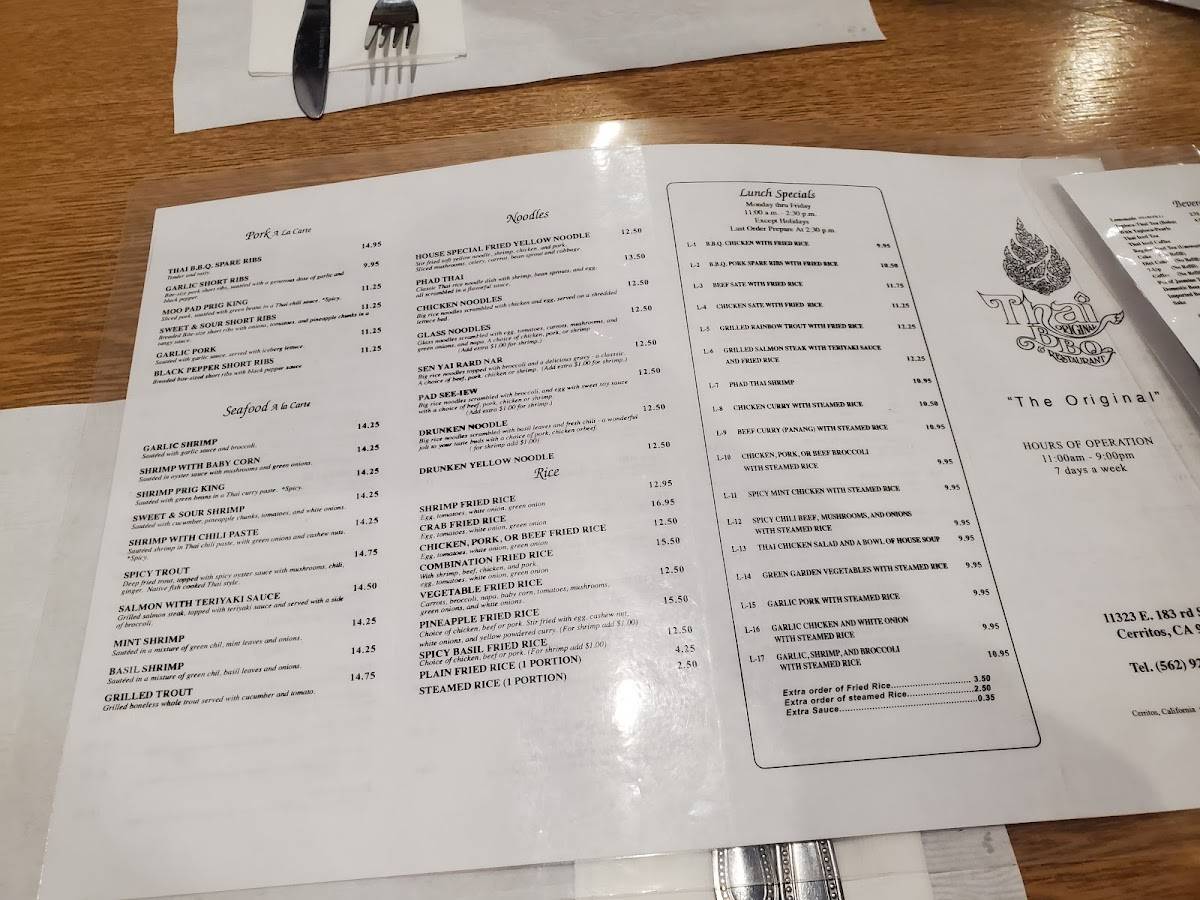 Menu at Thai Original BBQ Restaurant, Cerritos