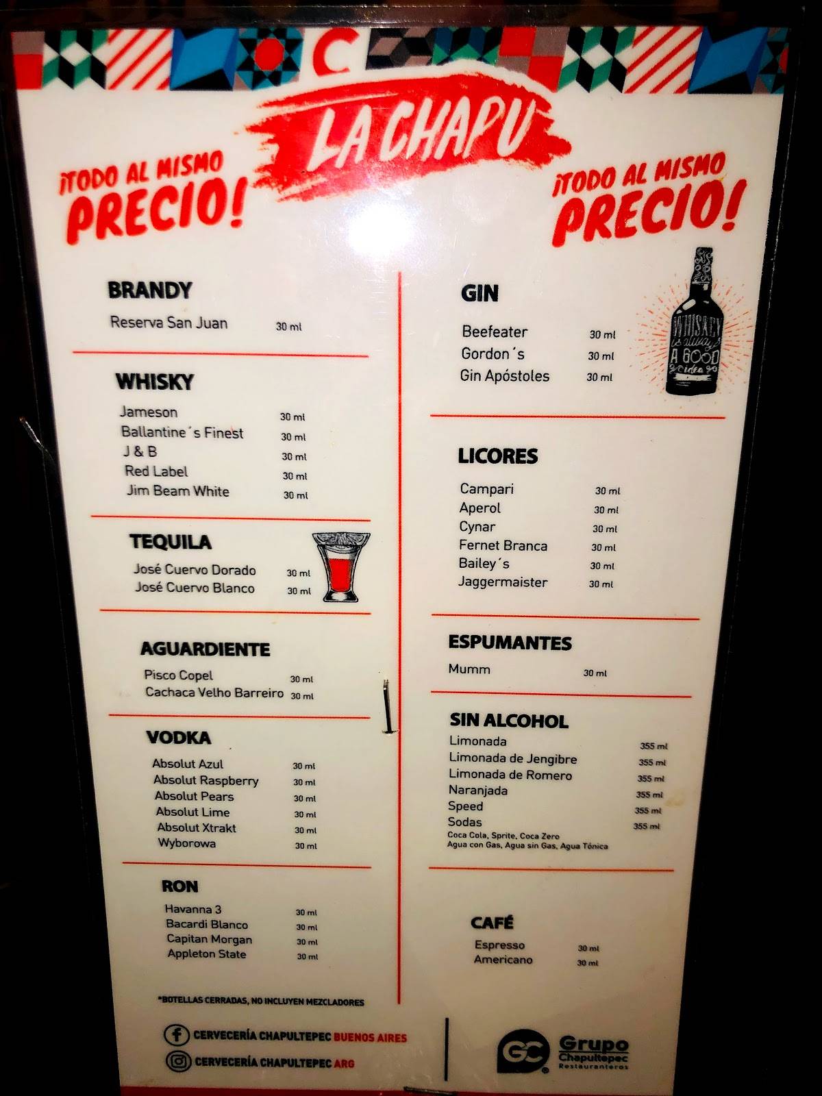 Menu at Cervecería Chapultepec pub & bar, Buenos Aires, Honduras 5750