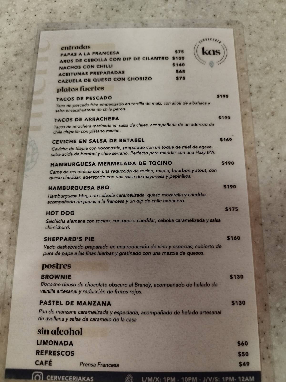 Carta del pub y bar Cervecería Kas, Ciudad del México
