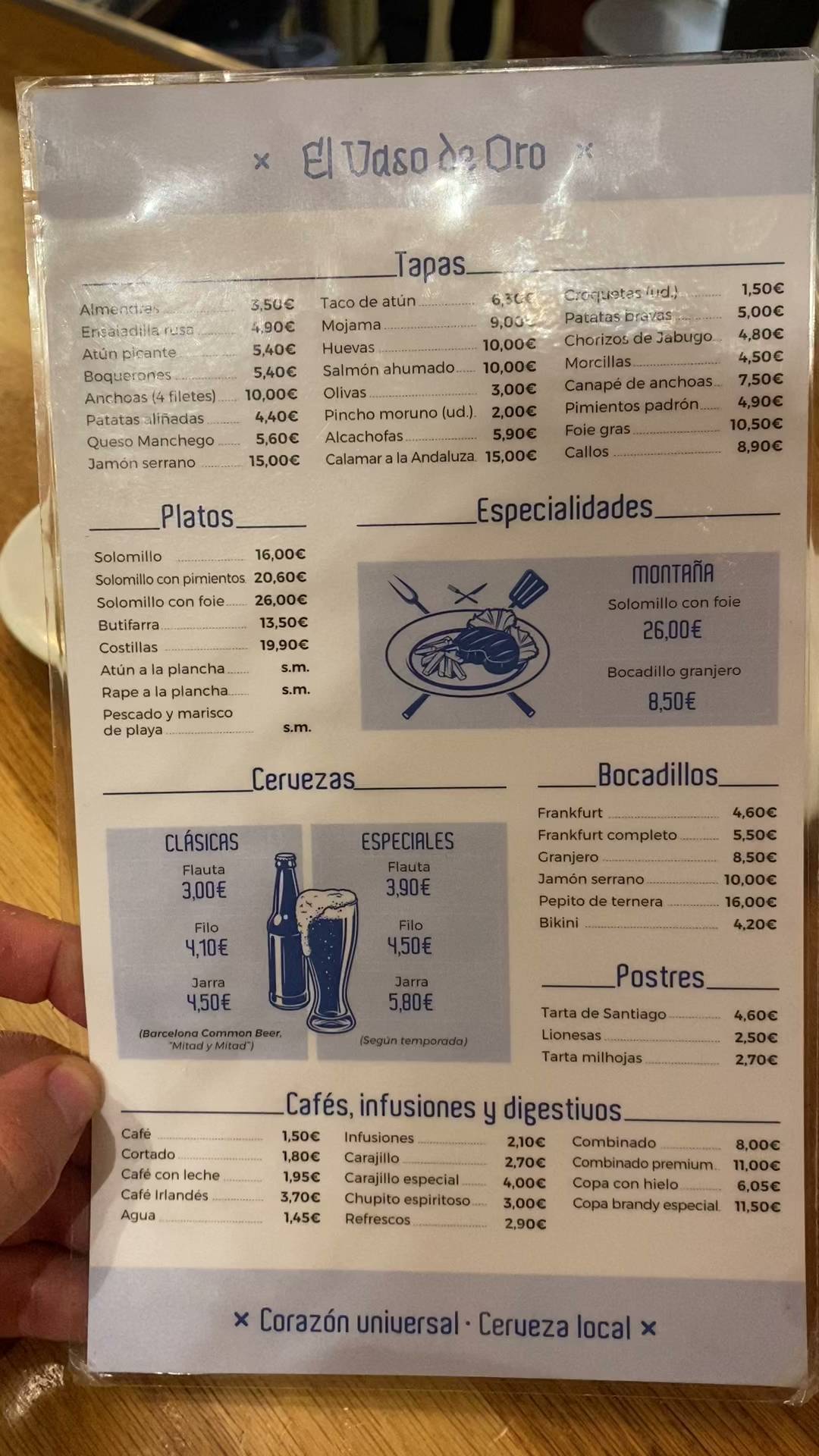 Menu at Cerveseria Vaso de Oro pub & bar, Barcelona, C/ de Balboa