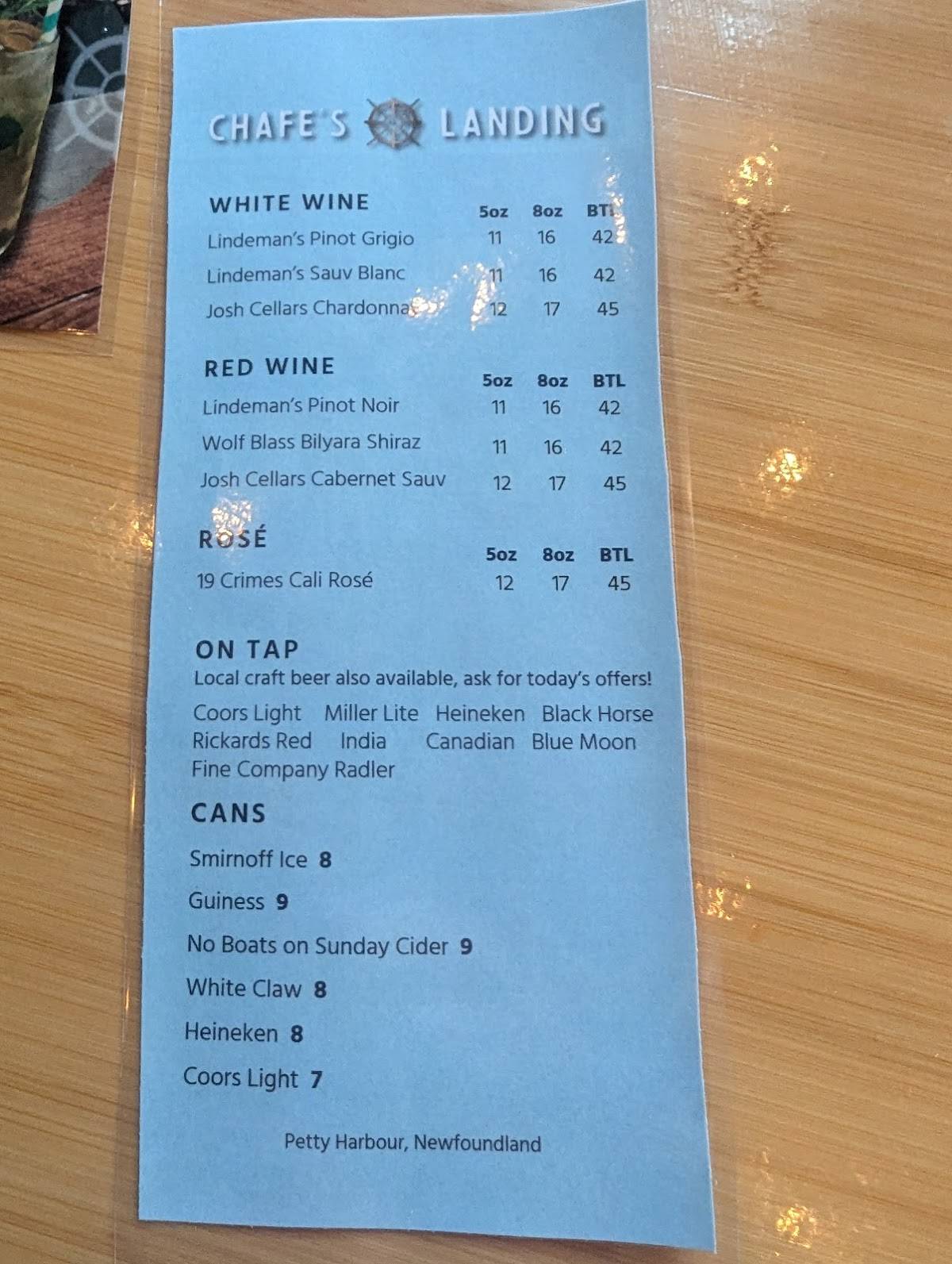 Menu at Chafe's Landing Restaurant, Petty Harbour-Maddox Cove