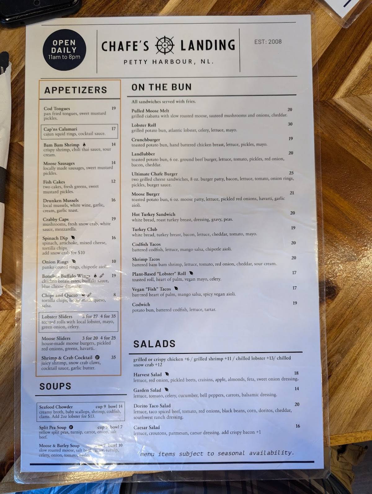 Menu at Chafe's Landing Restaurant, Petty Harbour-Maddox Cove