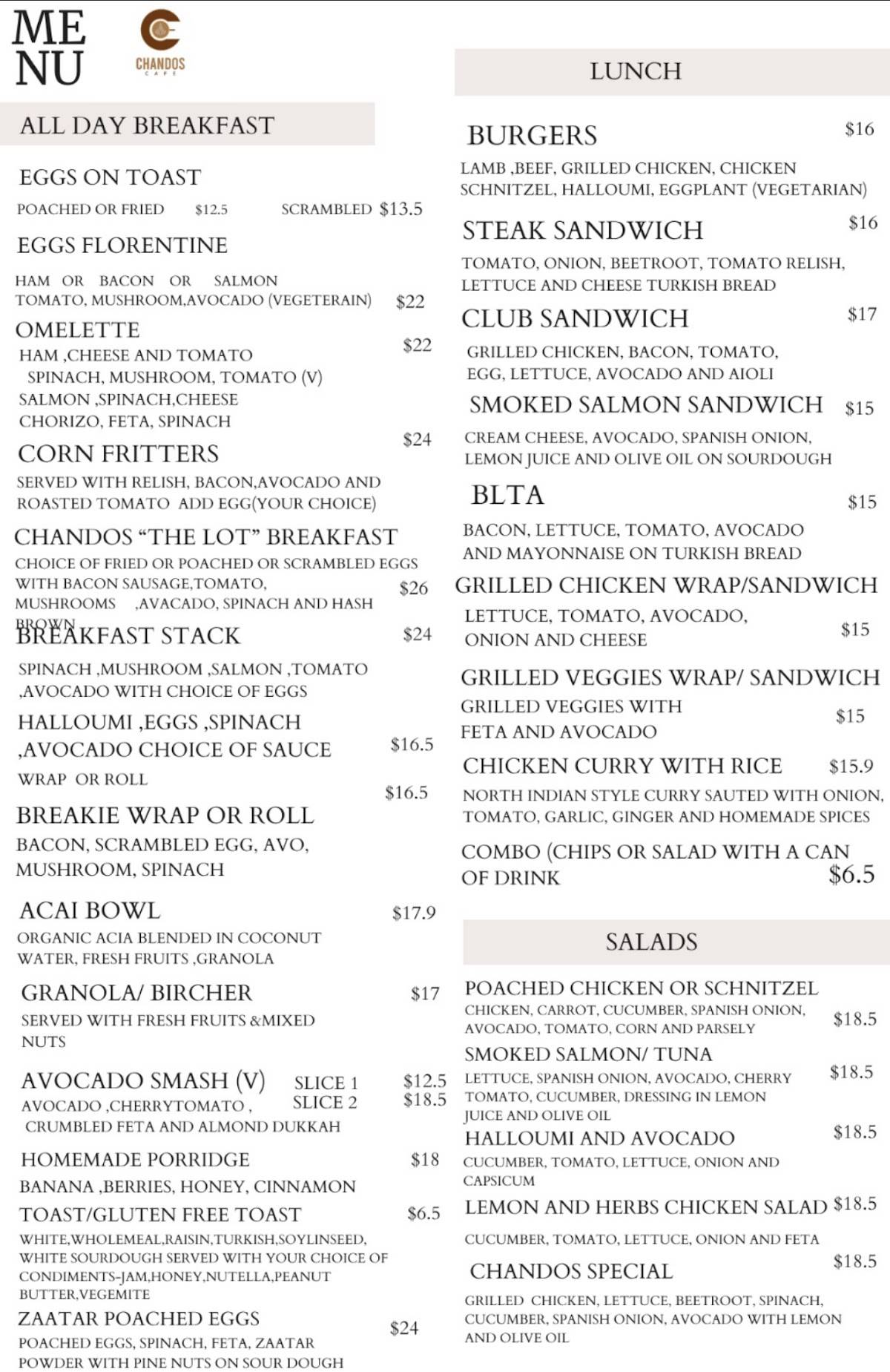 Menu at Chandos cafe, St Leonards