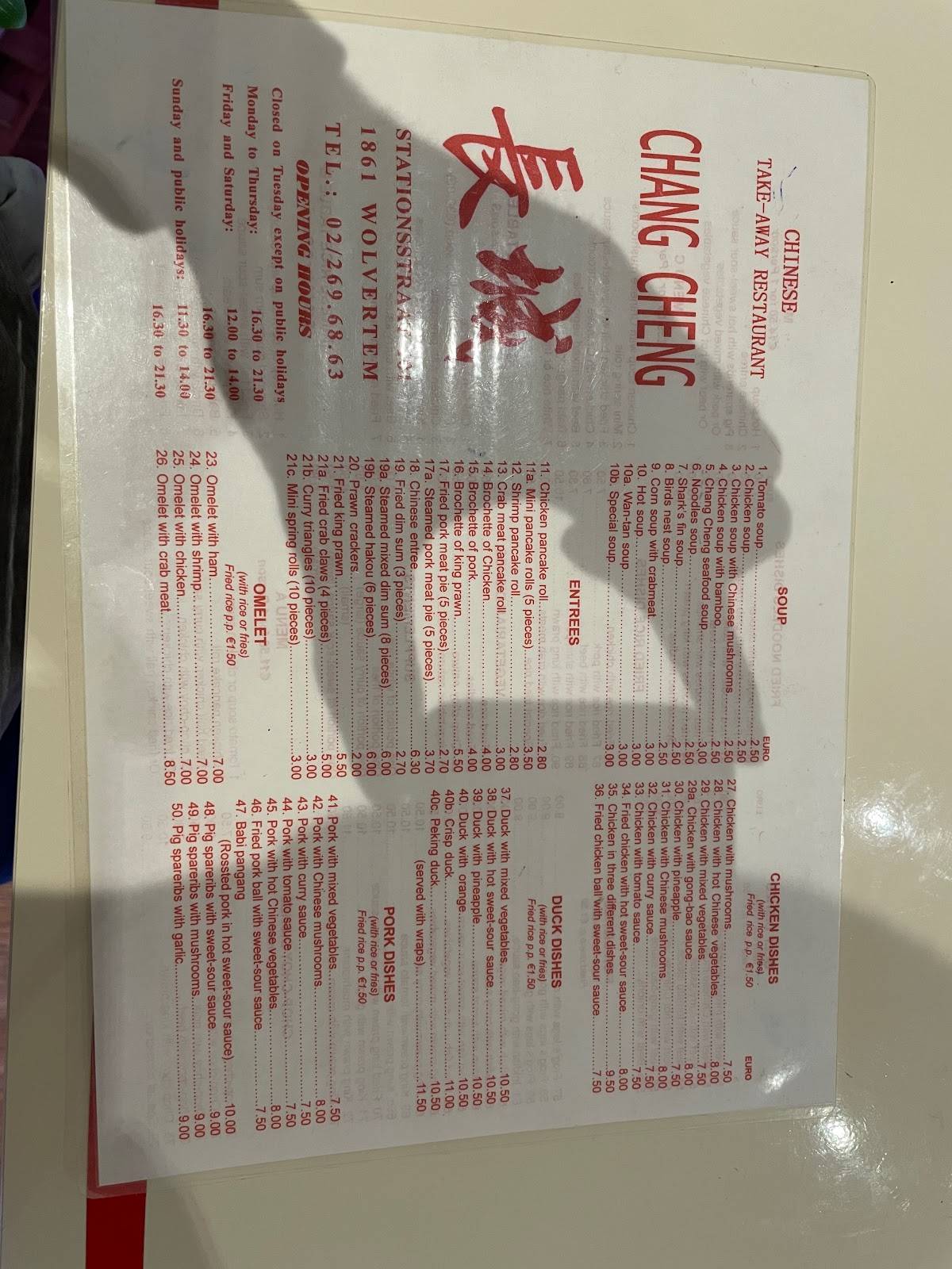 Menu at Chang Cheng, Meise, Stationsstraat 101