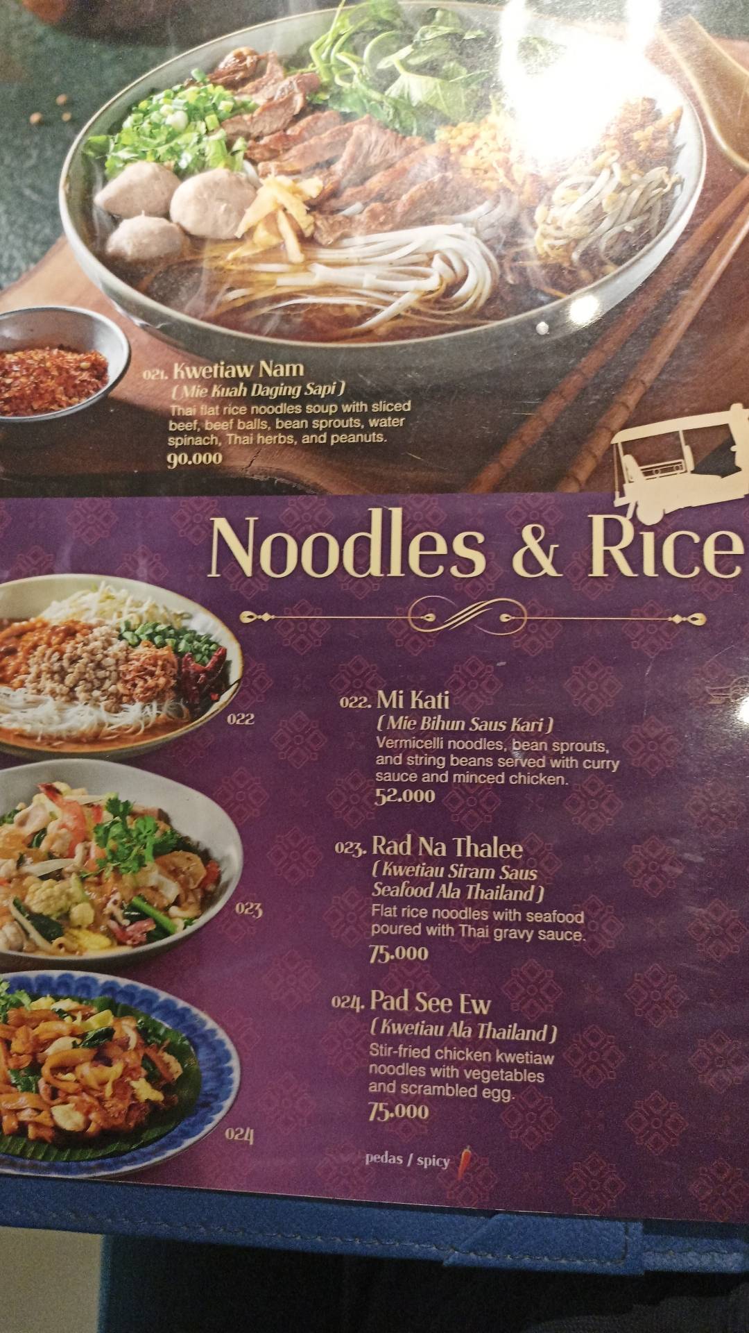 Menu at Chao Phraya Thai Fine Cuisine restaurant, Surabaya